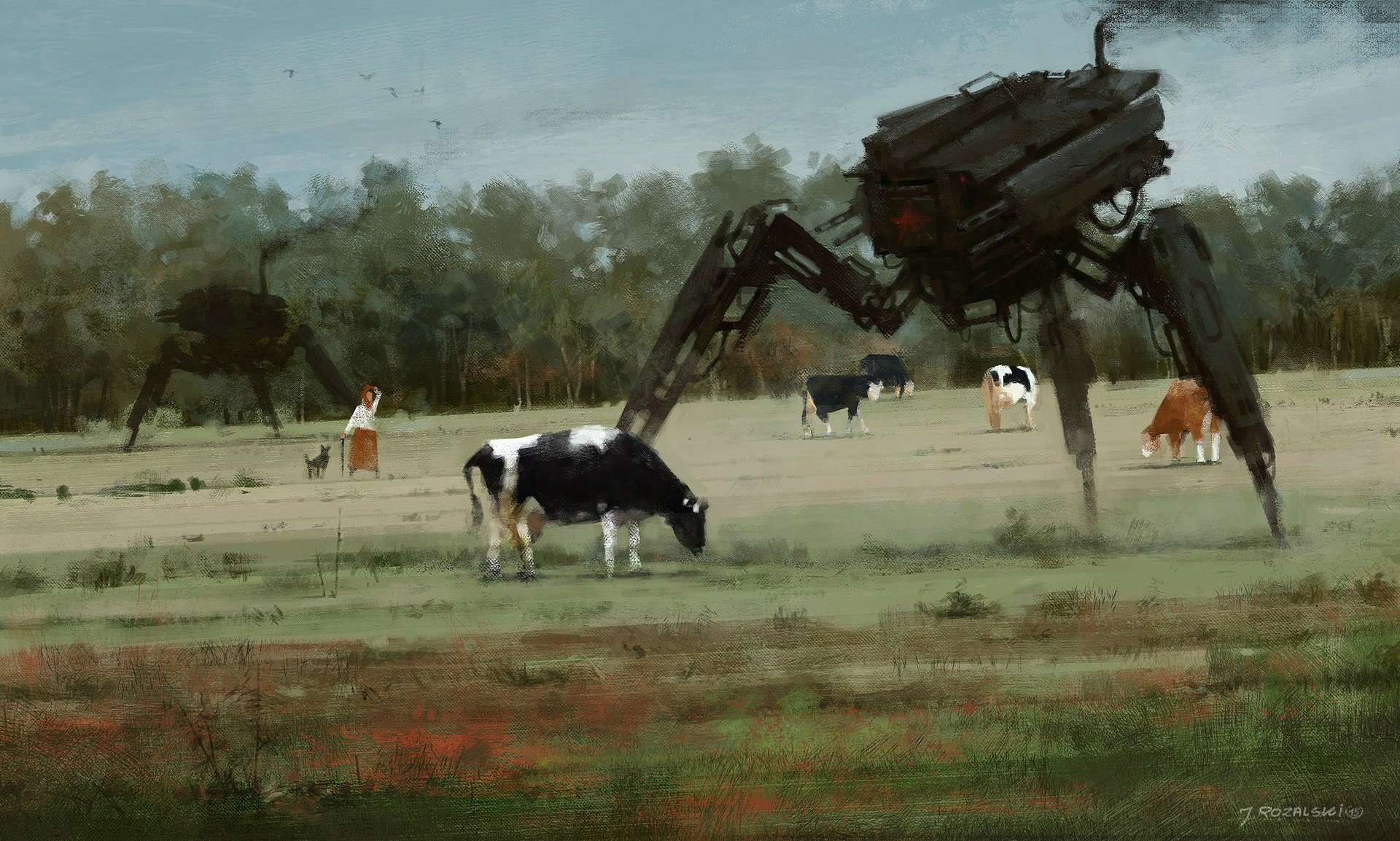 Futuristic Pasture: Sci-Fi Robot Meets Painted Cows in HD by Jakub Rozalski