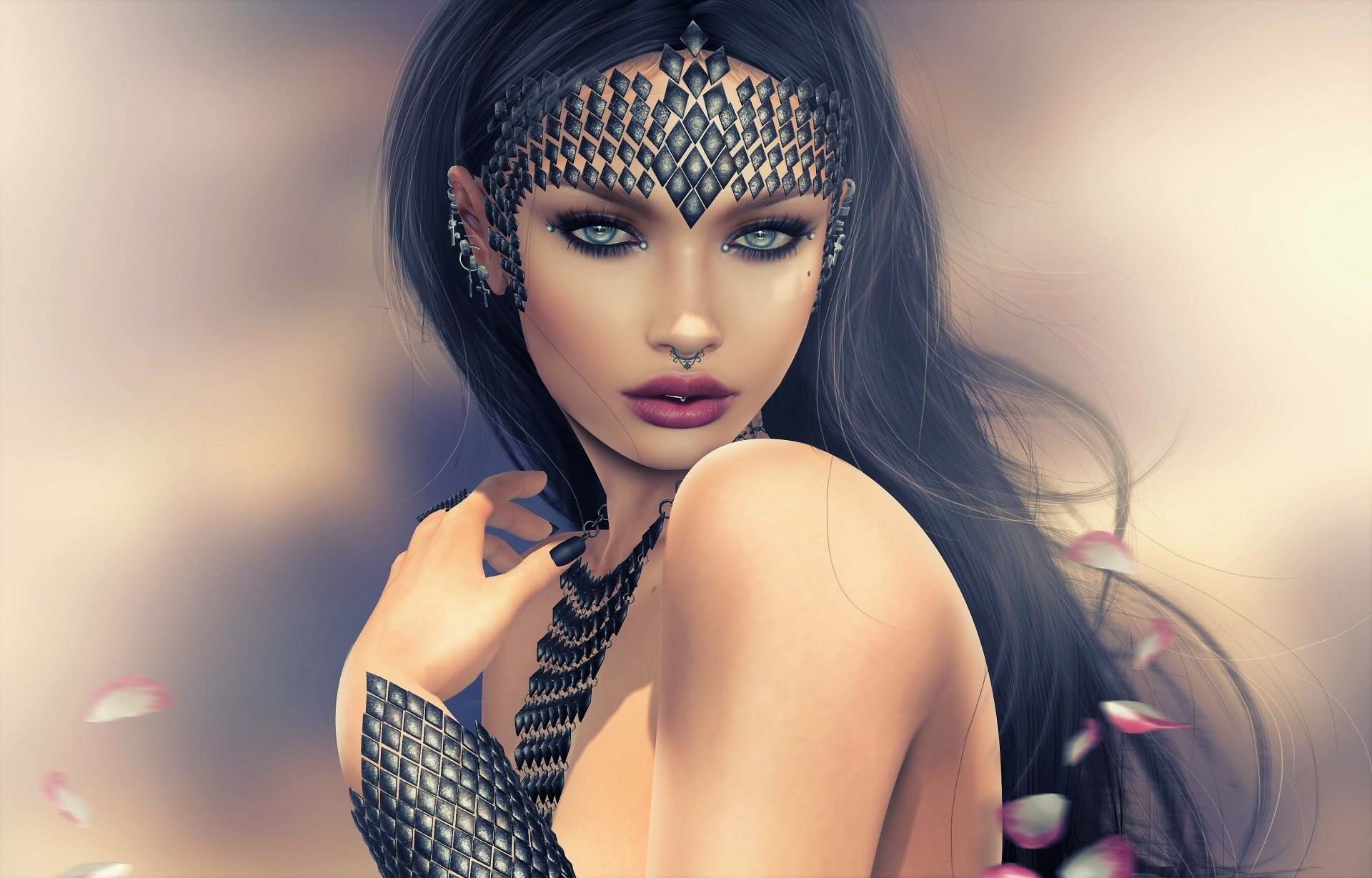 Download Piercing Black Hair Blue Eyes Jewelry Fantasy Woman Hd Wallpaper