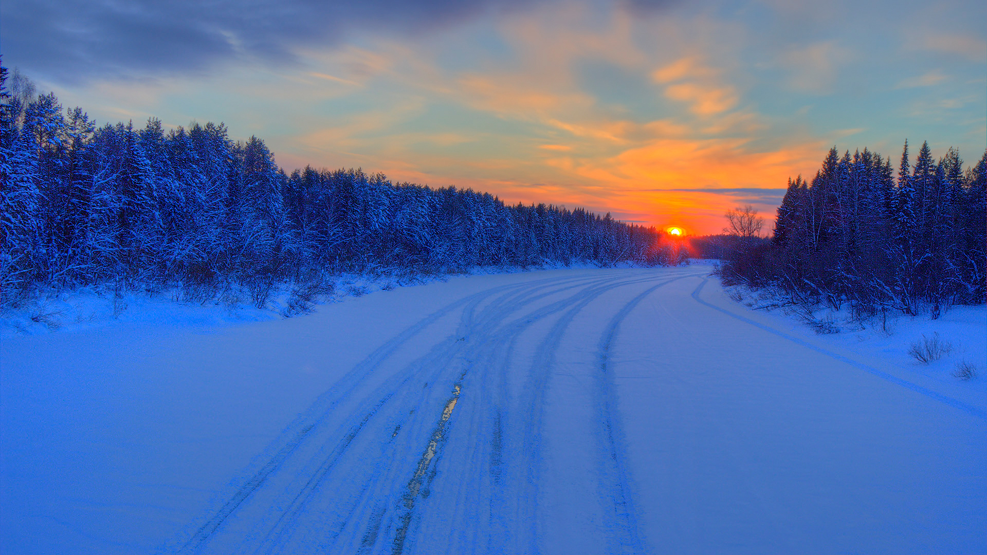 Download Sunset Snow Road Nature Winter HD Wallpaper