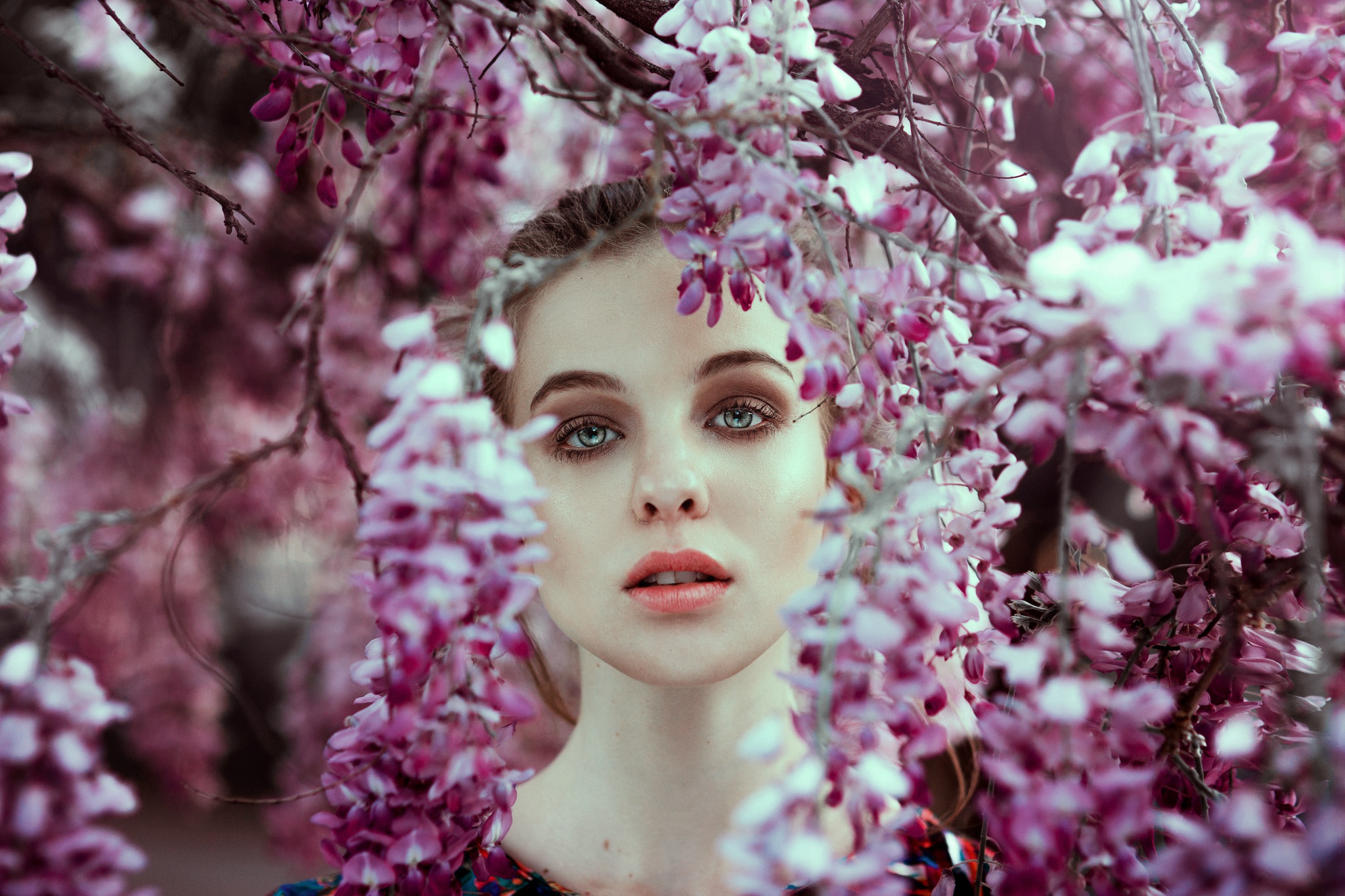 Download Blur Pink Flower Flower Model Woman Face HD Wallpaper