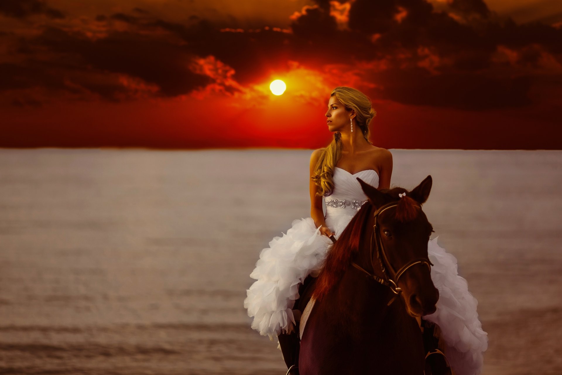Download Blonde Sunset Horizon Ocean Horse Wedding Dress Woman Bride 4k ...