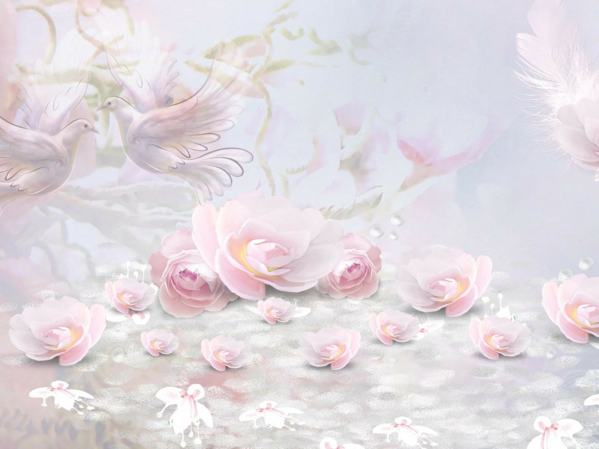 Serene Pink Rose Petals and Doves – Artistic HD Floral Wallpaper