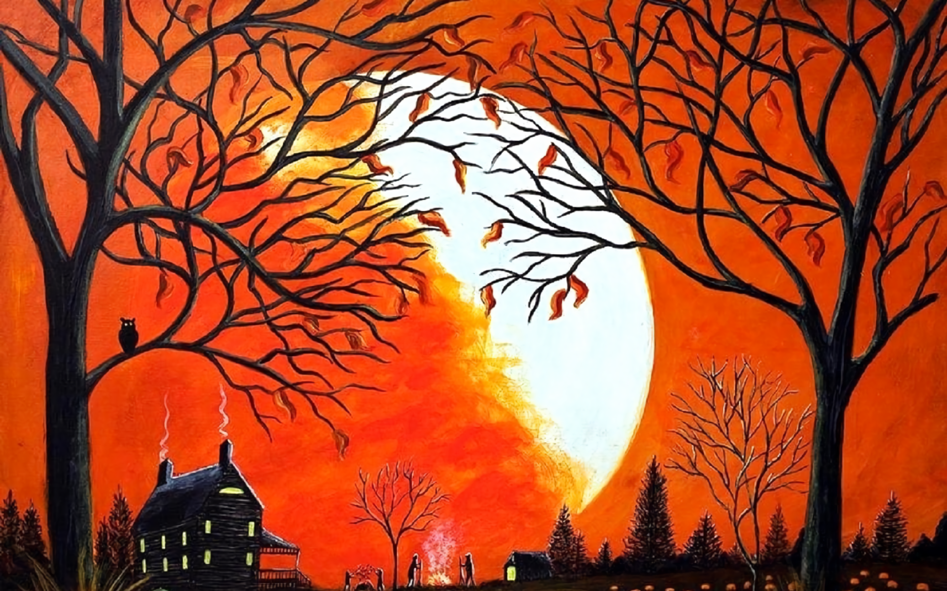 Download Moon Tree House Landscape Fall Artistic Painting HD Wallpaper