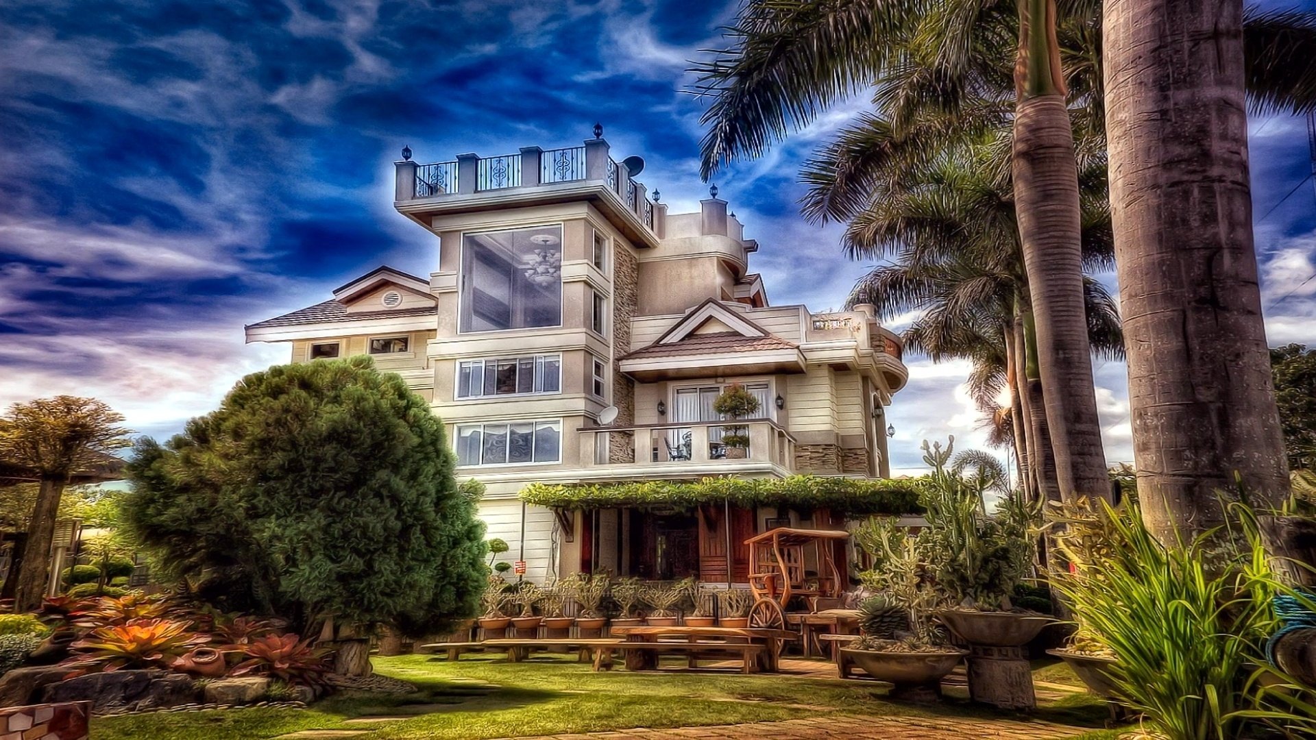 Palm-Lined Grand Mansion — HD Wallpaper | 1920x1080 | Wallpaper Abyss