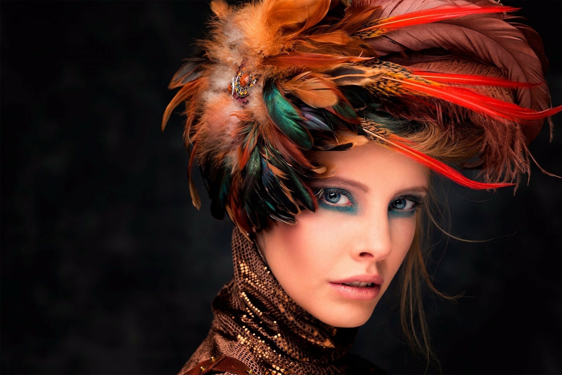 Download Blue Eyes Colorful Feather Woman Face HD Wallpaper