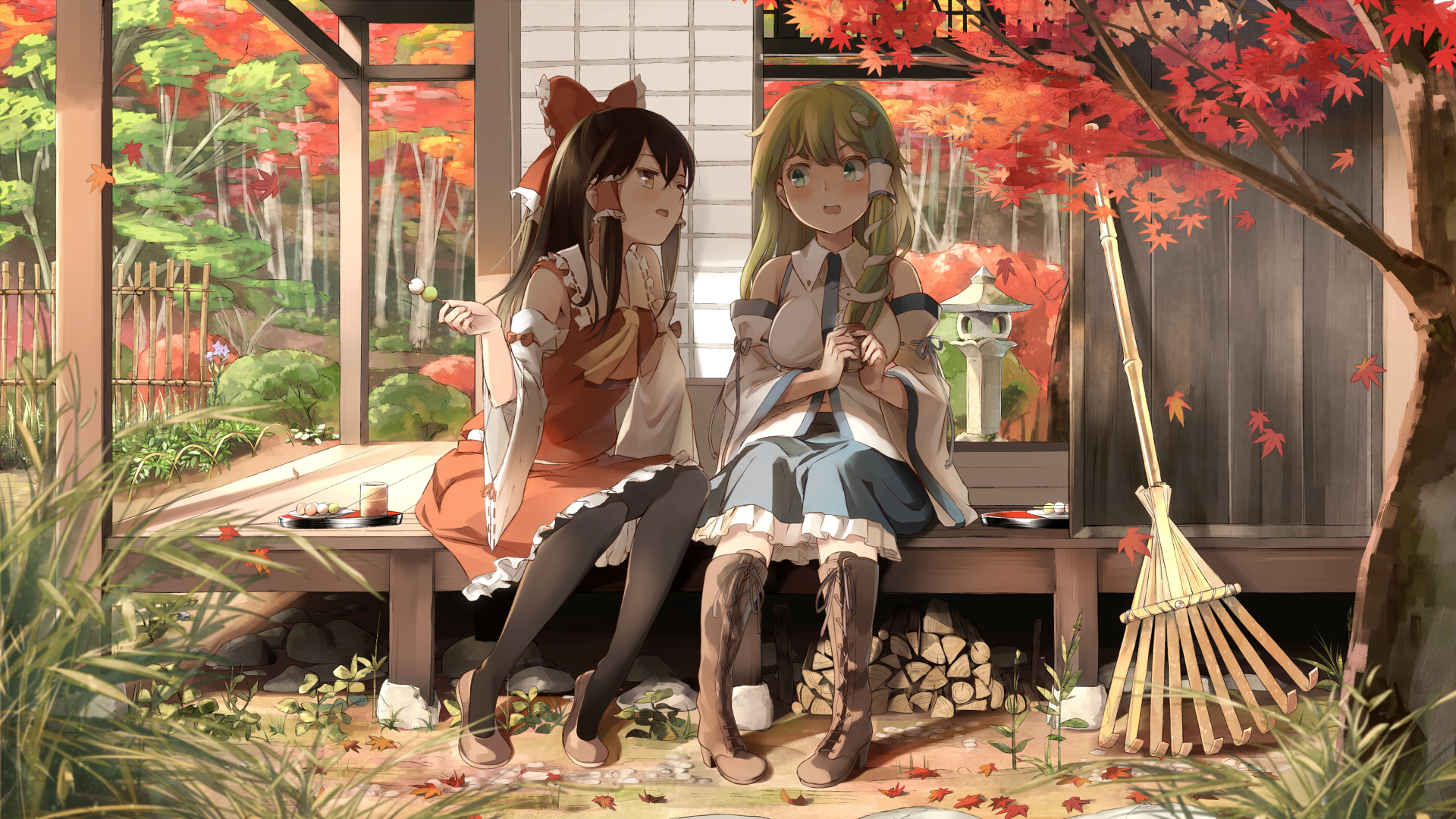 Touhou Autumn Harmony: Reimu & Sanae HD Anime Wallpaper Bliss by Supertie