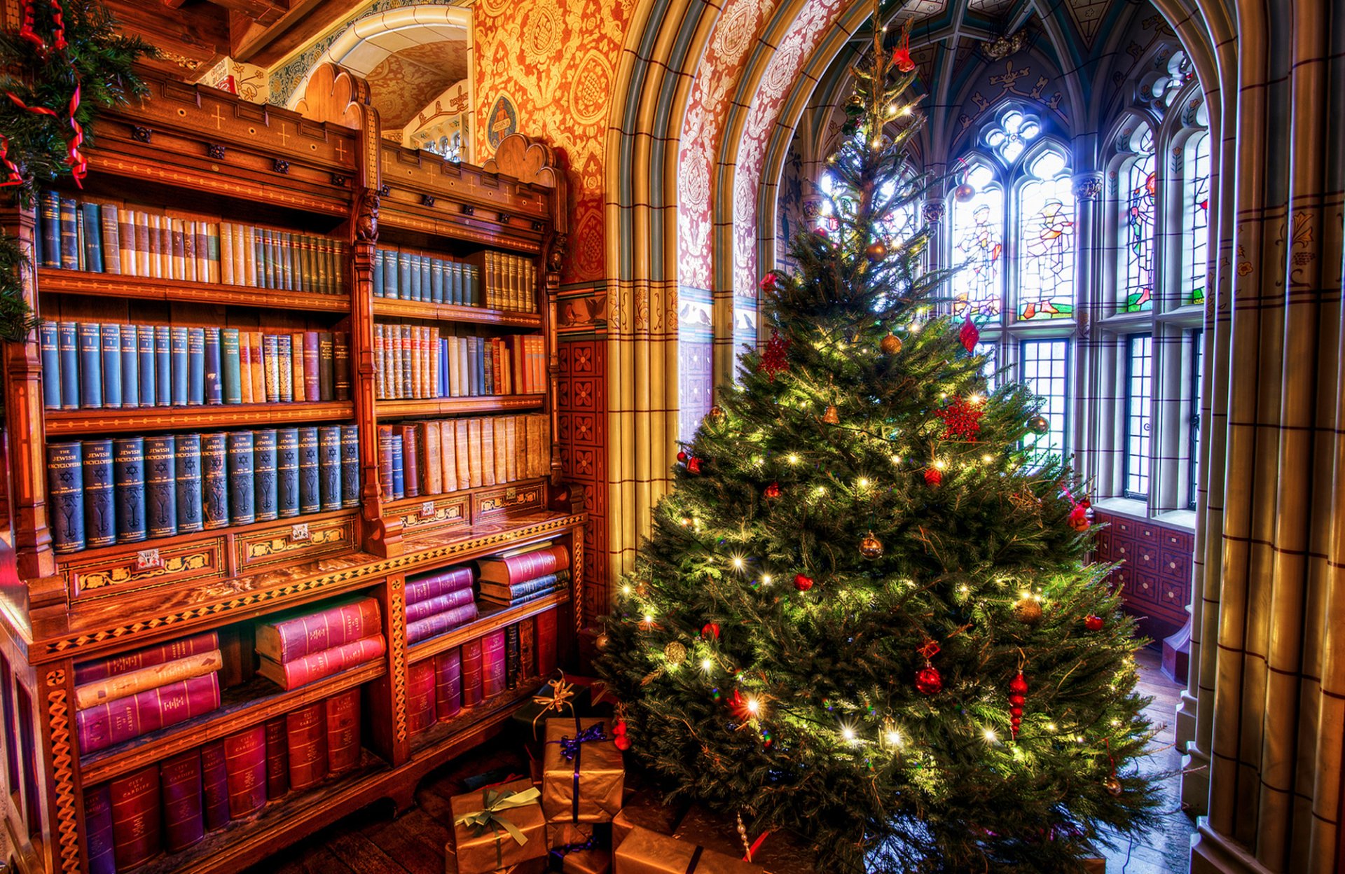 Cozy Christmas Library: Holiday Tree by Stained Glass Window – HD ...