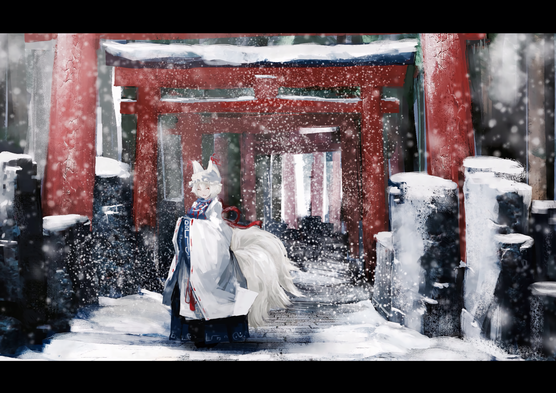 Ran Yakumo in Snowy Torii: HD Touhou Anime Wallpaper