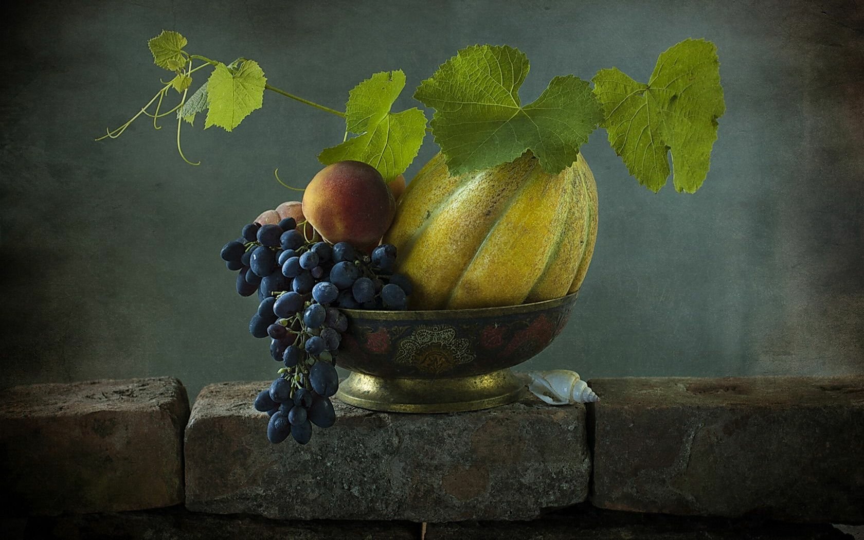 Download Leaf Peach Grapes Photography Still Life Wallpaper