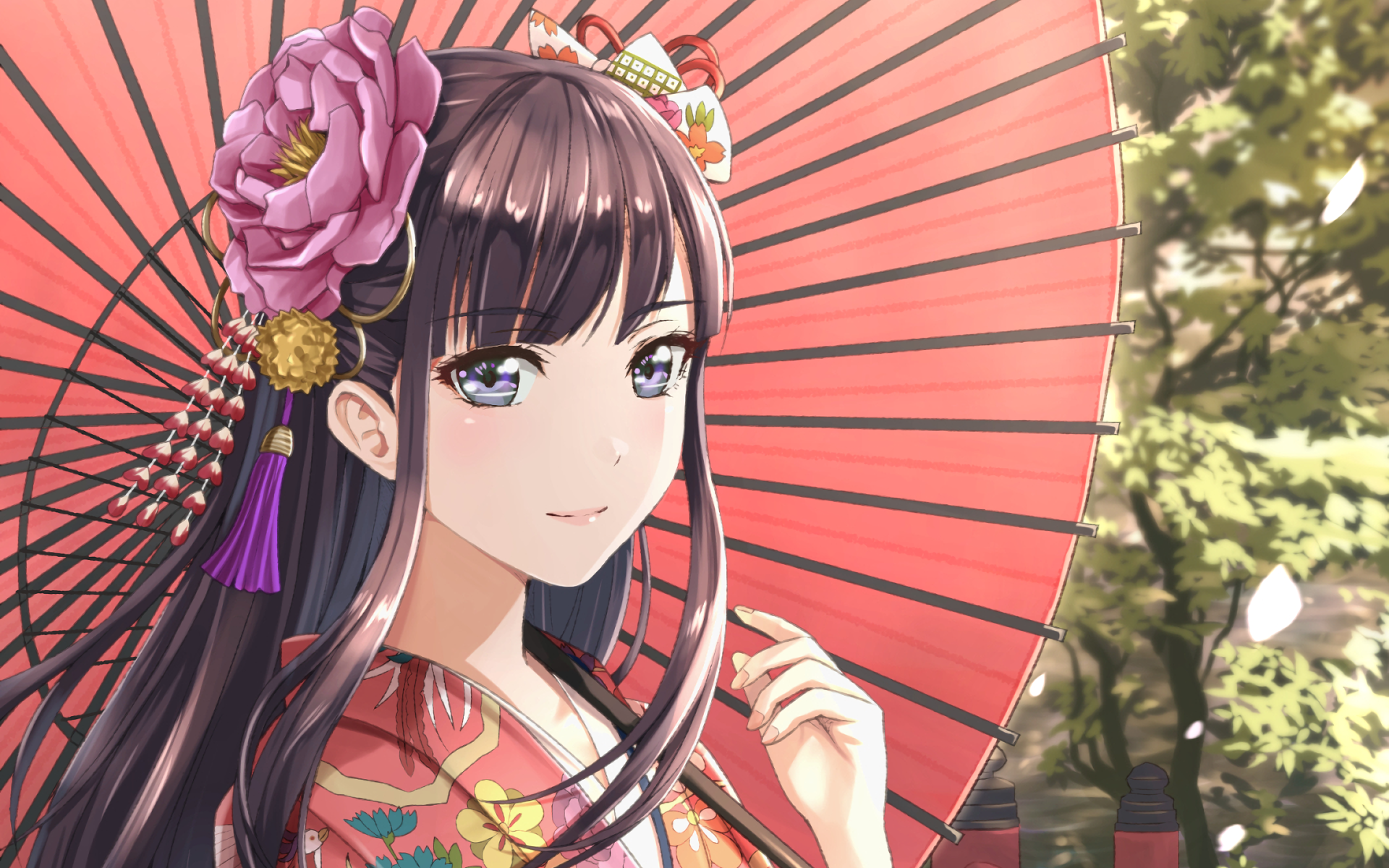 Vibrant Anime HD Wallpaper: Elegance Under the Red Umbrella | 1920x1200 ...