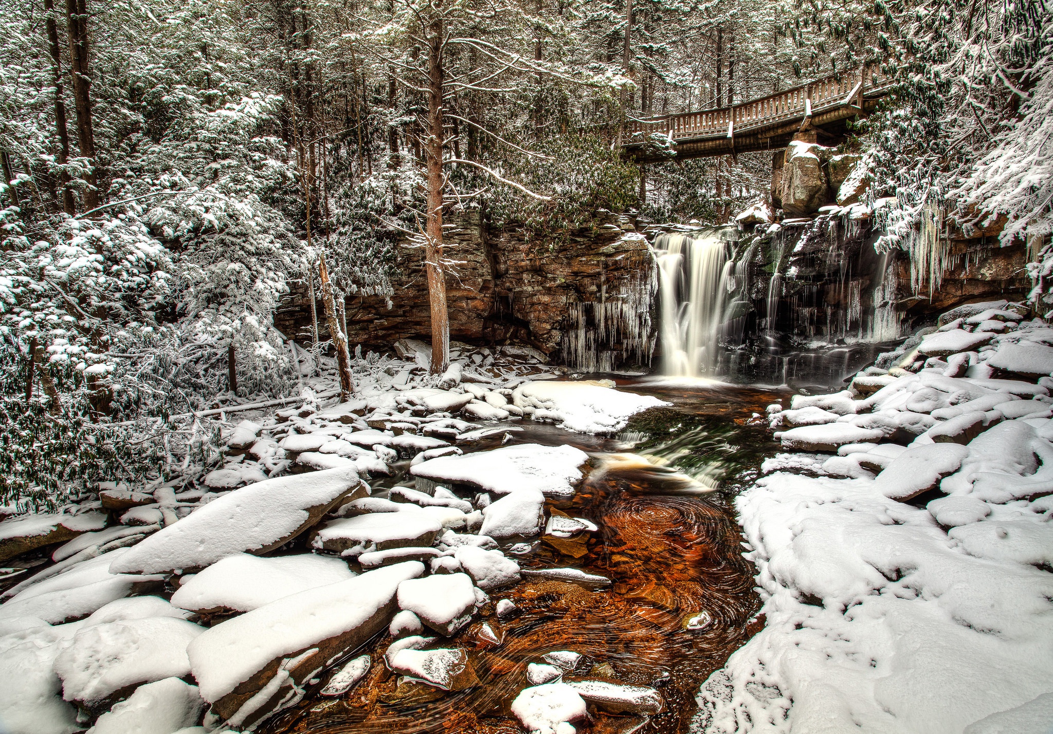 Download Forest Snow River Winter Nature Waterfall HD Wallpaper