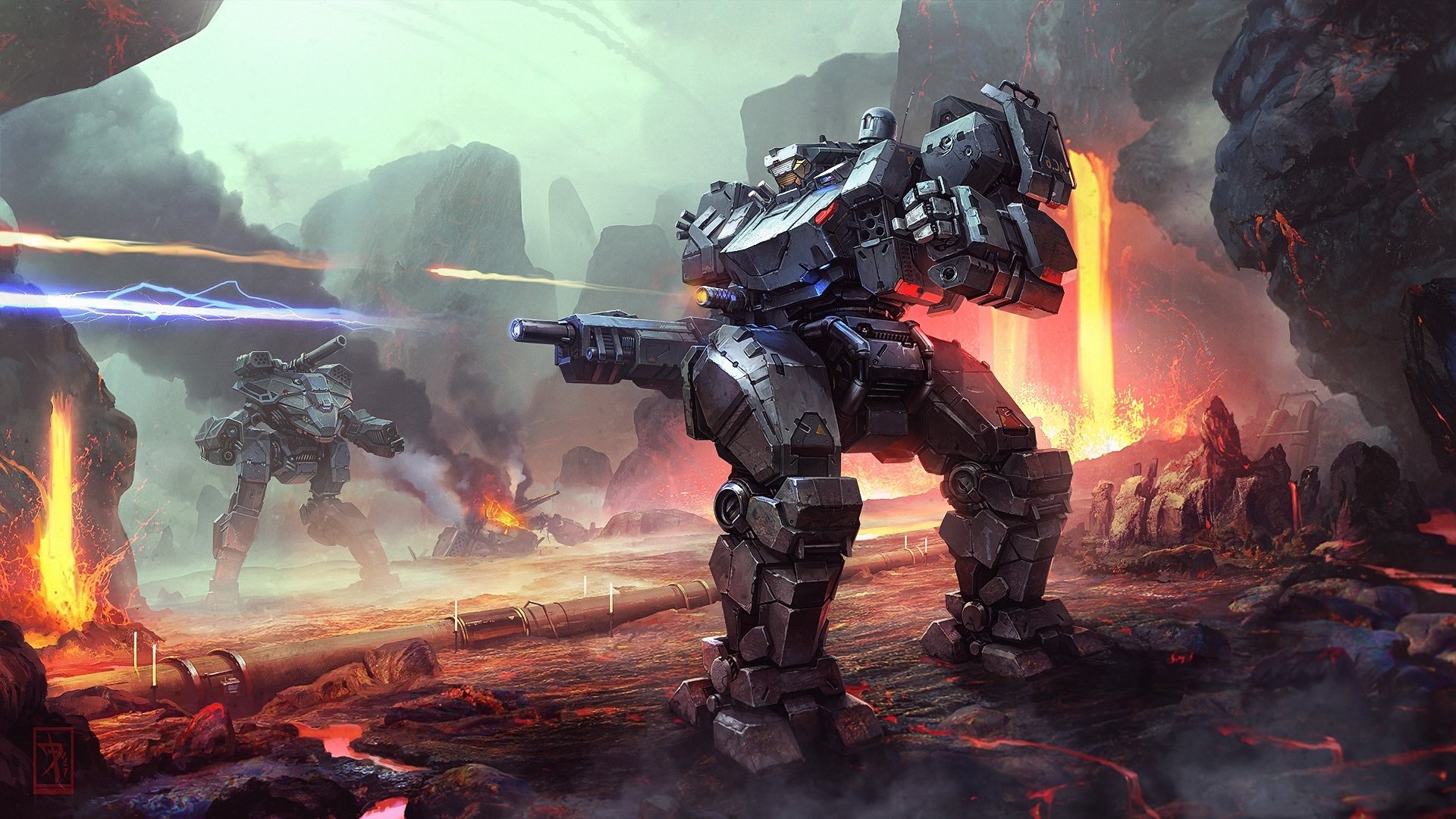 Download Futuristic Lava Battle Sci Fi Robot HD Wallpaper by Maxim Timofeev