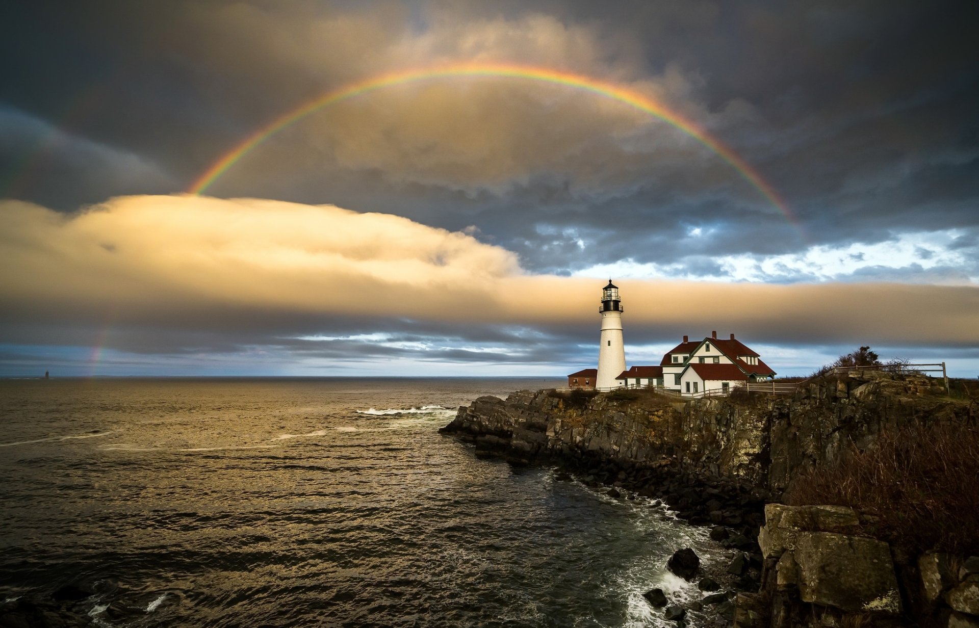 Lighthouse Under a Radiant Rainbow by the Ocean Horizon – HD Coastal ...