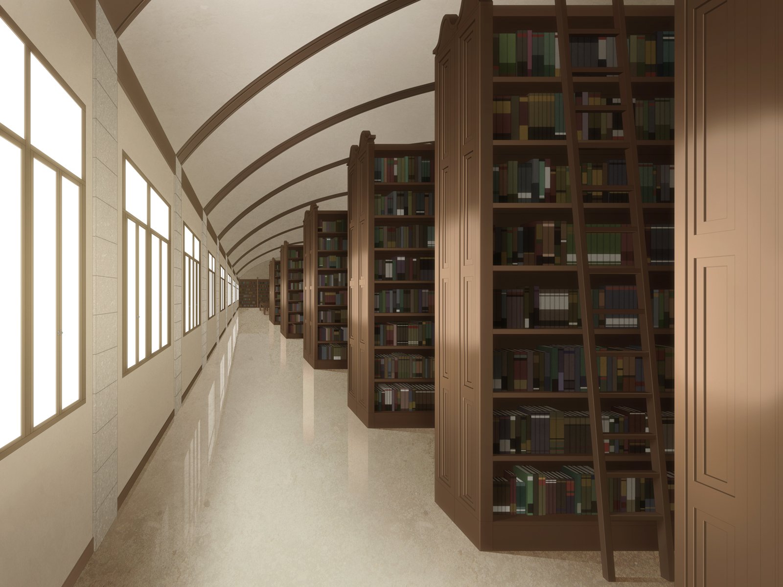 Serene Anime Library HD Wallpaper: A Quiet Corridor of Knowledge