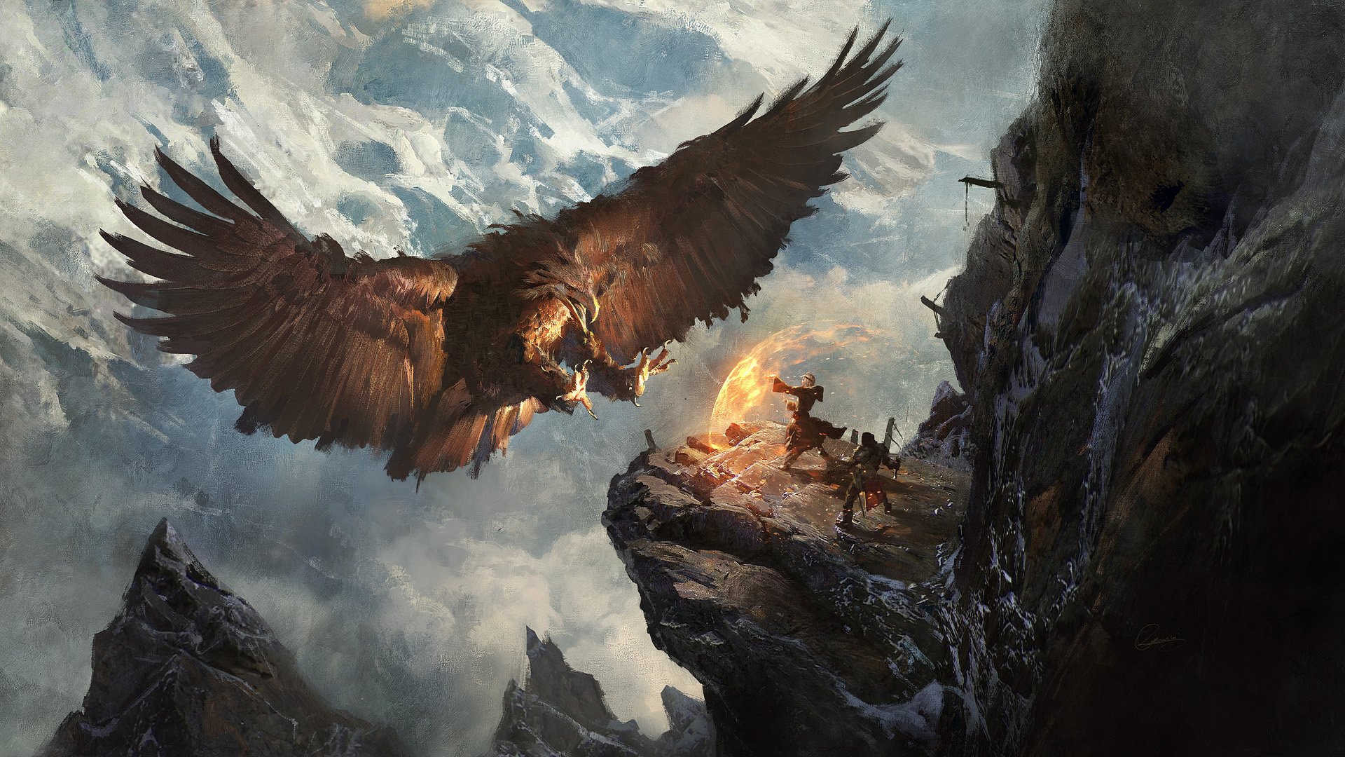 Epic Fantasy Sorceress and Eagle Warrior HD Wallpaper by Grzegorz Rutkowski