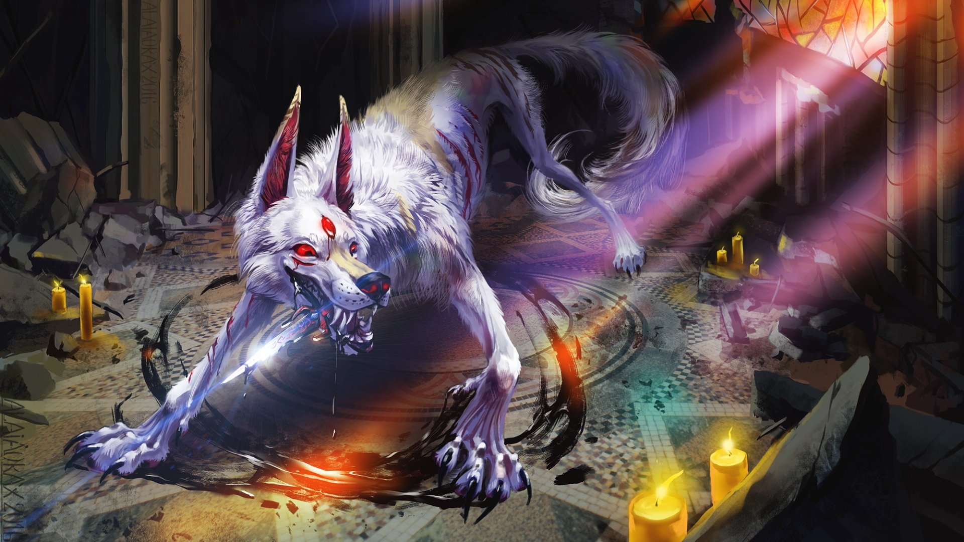 Sunlit Wolf: Occult Creature in a Candlelit Fantasy Realm by Ann Hetmanchuk