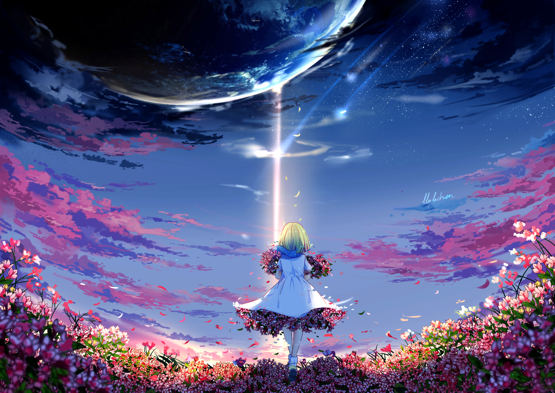Celestial Bloom: Anime Girl Under a Planetary Sky HD Wallpaper by ...