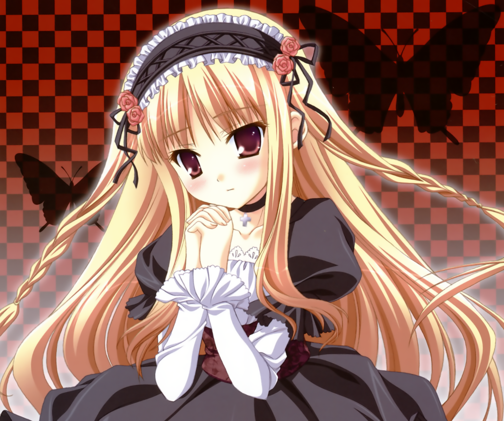 Download Blush Butterfly Braid Flower Brown Eyes Blonde Long Hair Anime