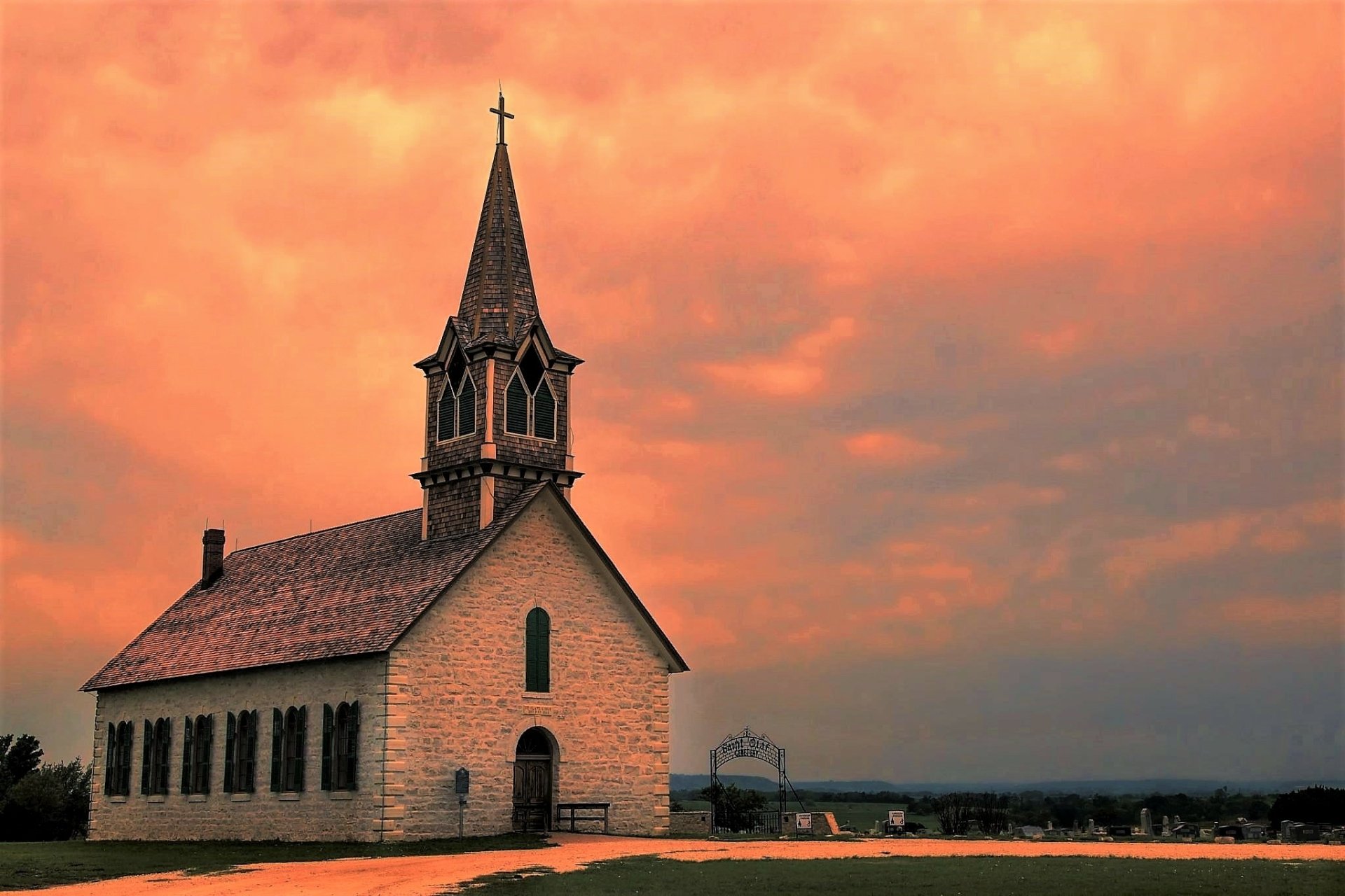 Amber Sunset Chapel — Orange Clouds Over a Country Church (HD Wallpaper)