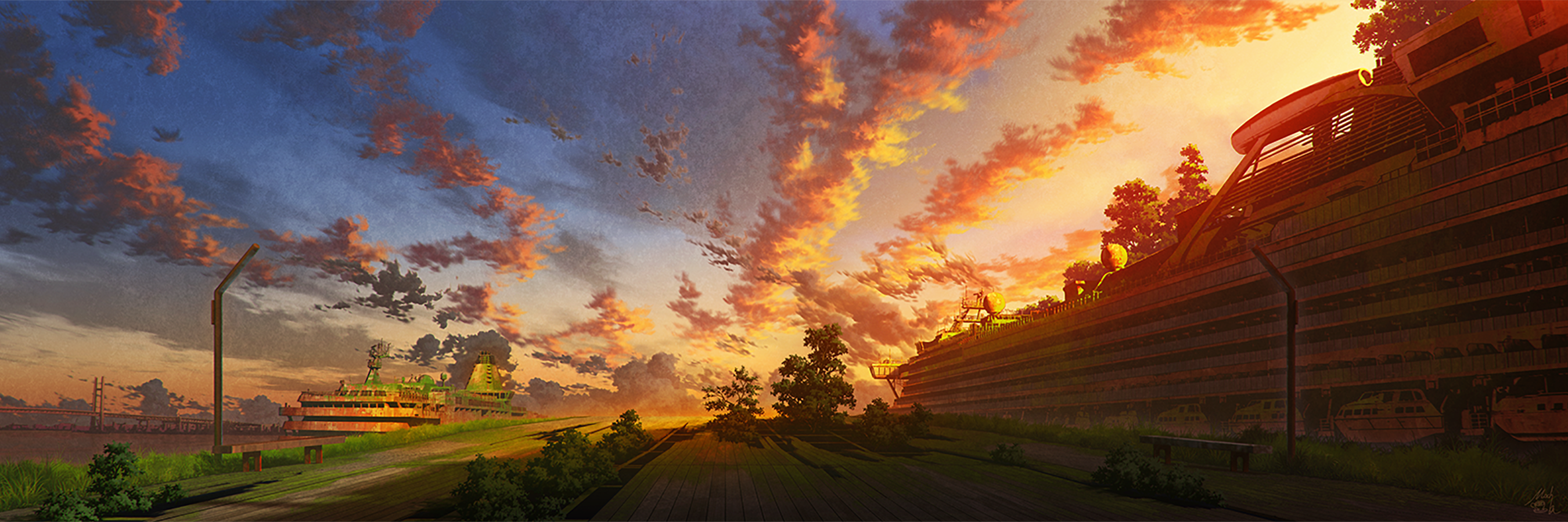 Anime Countryside Sunset HD Wallpaper: Vibrant Sky and Trees in Golden ...