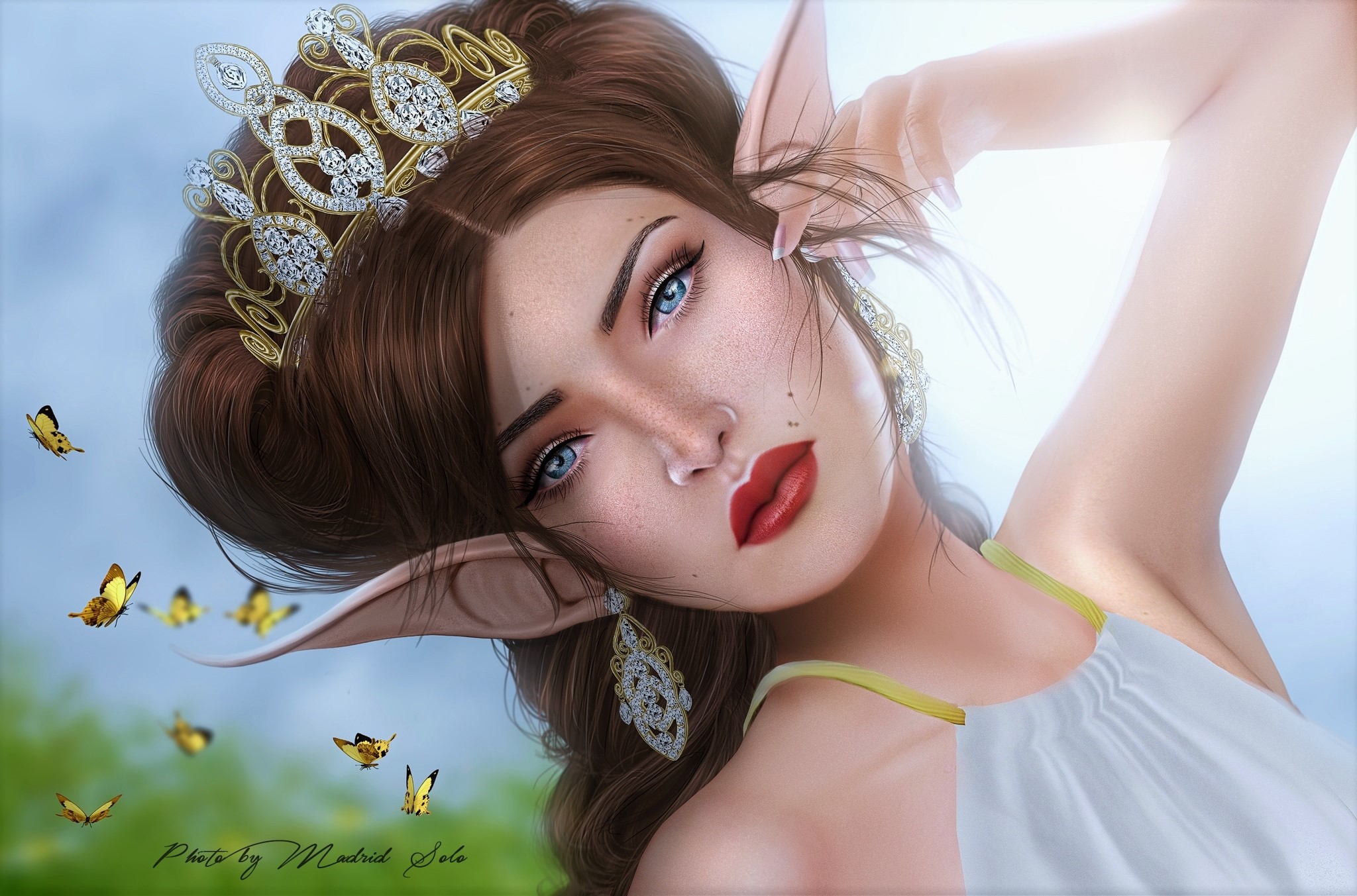 Download Brown Hair Crown Blue Eyes Face Lipstick Pointed Ears Fantasy ...