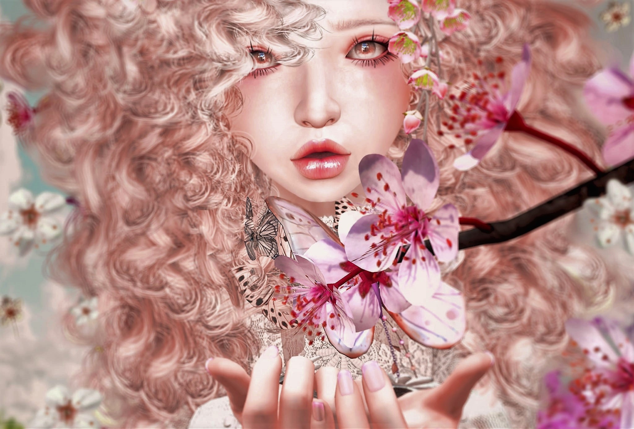Download Butterfly Sakura Curl Blonde Fantasy Woman HD Wallpaper