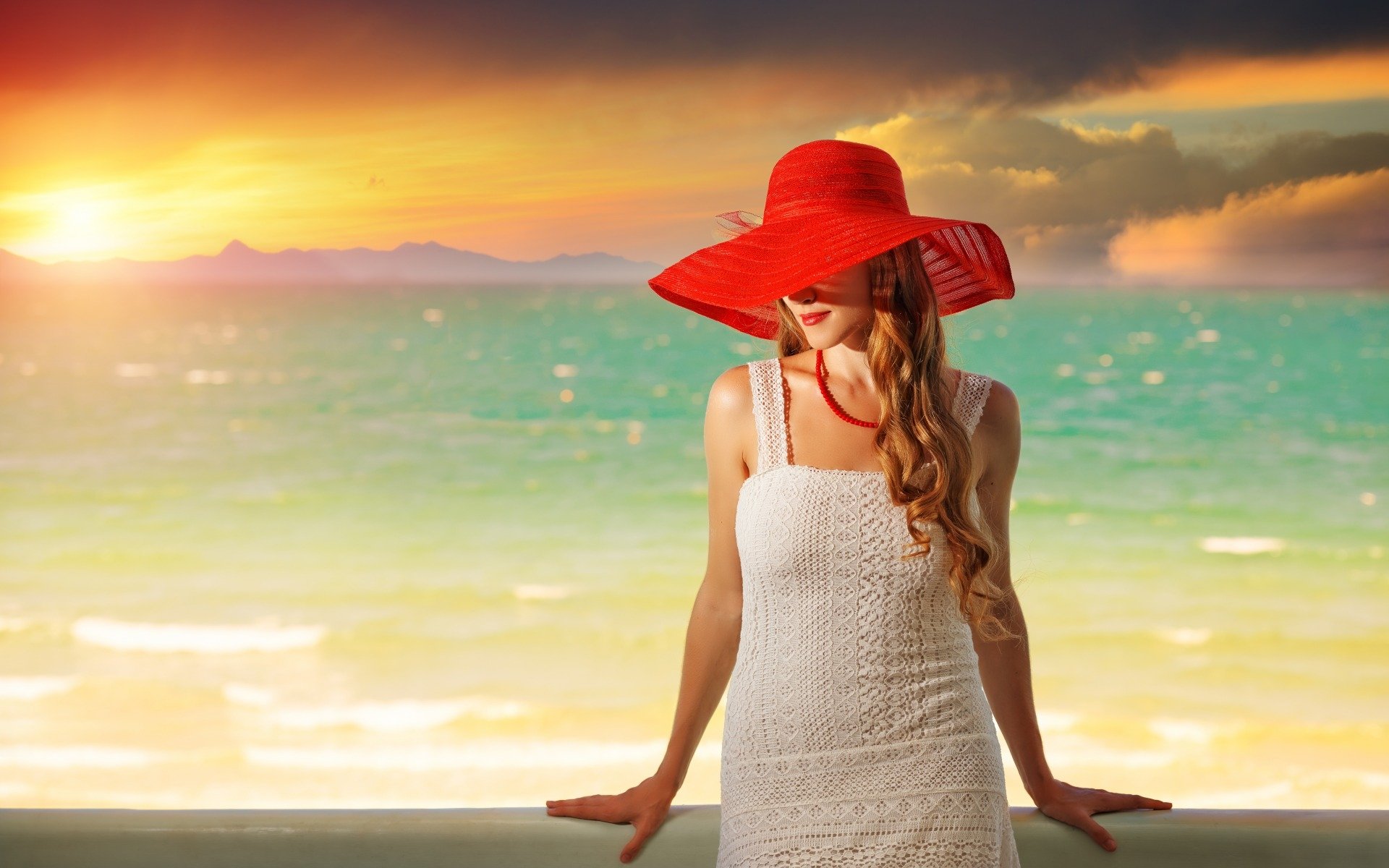 Download Ocean Sunrise White Dress Hat Blonde Woman Model HD Wallpaper ...