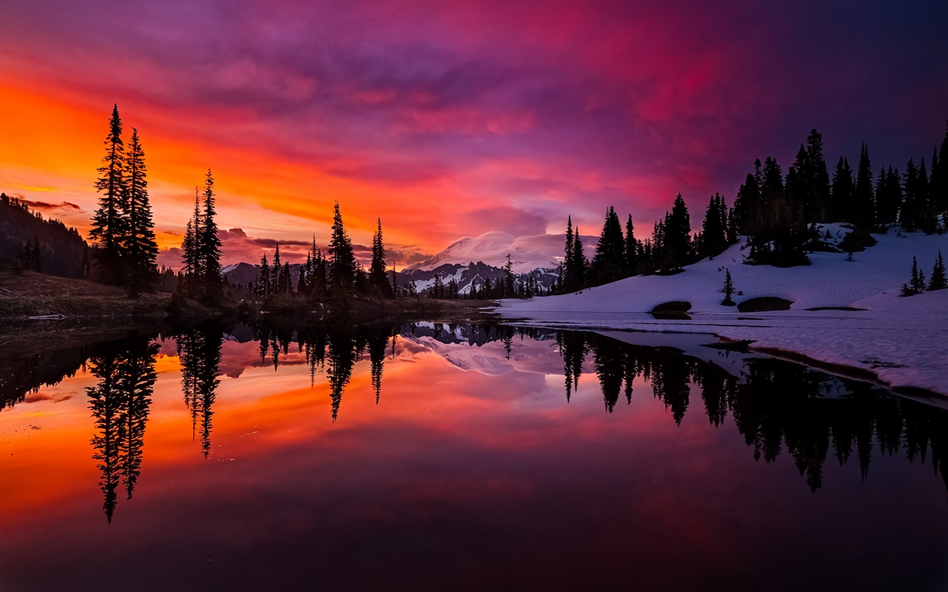 Download Reflection Snow Lake Tree Winter Nature Sunset HD Wallpaper