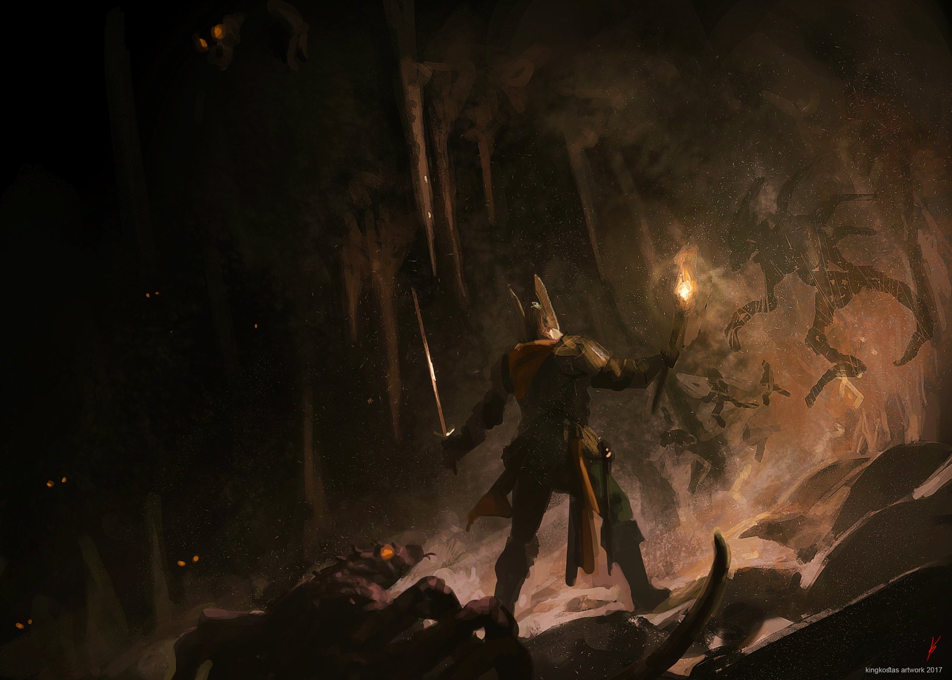 Fantasy Warrior with Sword Faces Cave Creature by Torchlight - HD ...