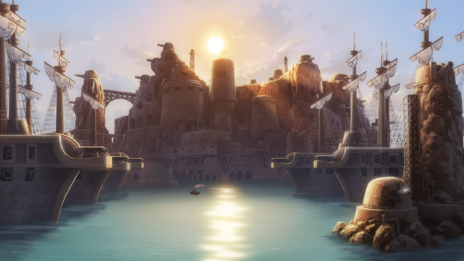 One Piece Anime HD Wallpaper: Epic Pirate Fortress at Sunset