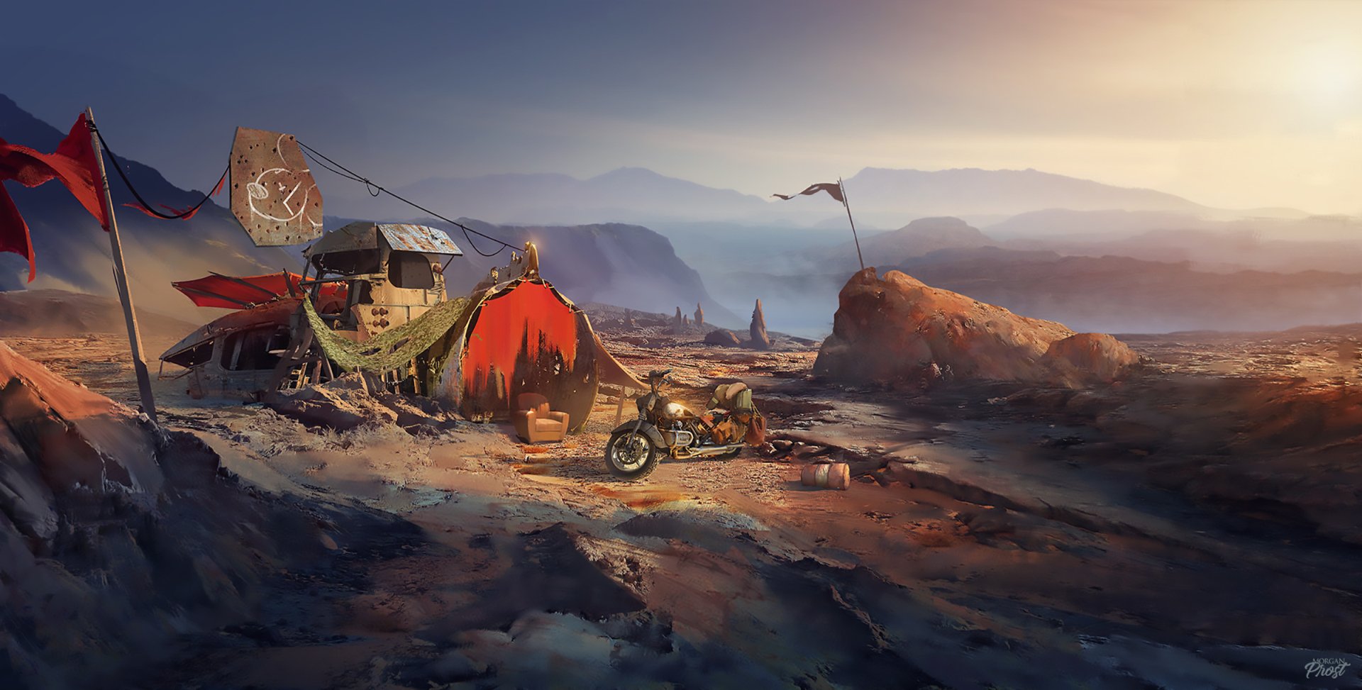 Post-Apocalyptic Mountain Camp with Sci-Fi Motorcycle | HD Wallpaper by ...