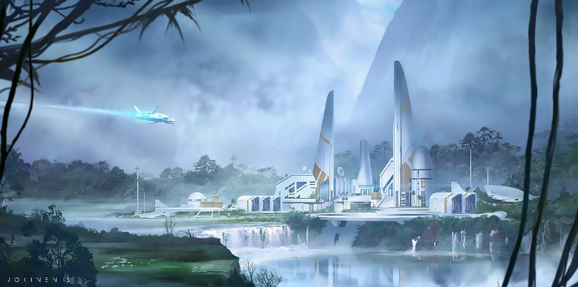 Misty Sci-Fi Skyline: Aircraft Soars Over Futuristic Waterfront by ...