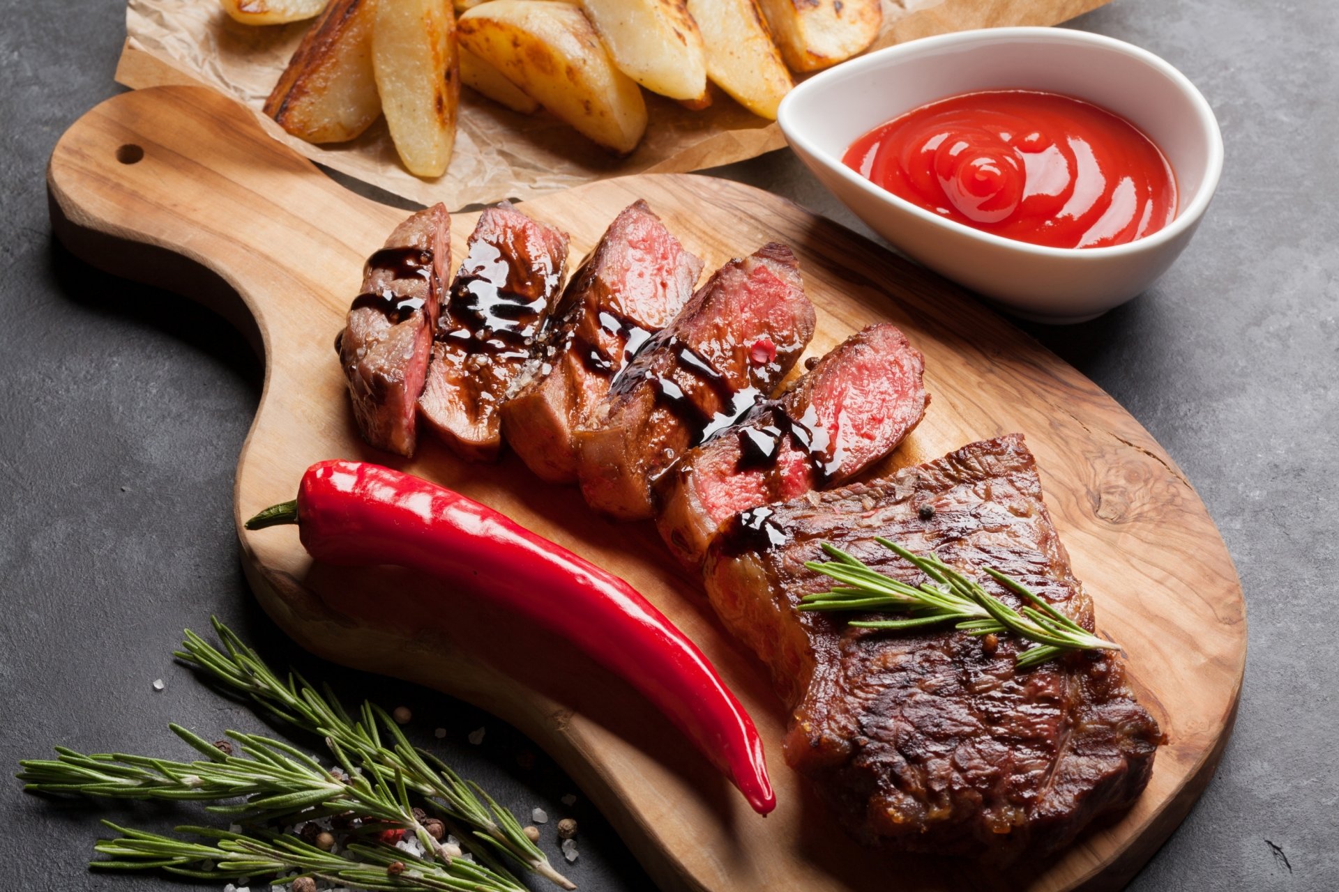 Savor the Flavor: Juicy Steak with Spicy Pepper and Classic Ketchup Delight