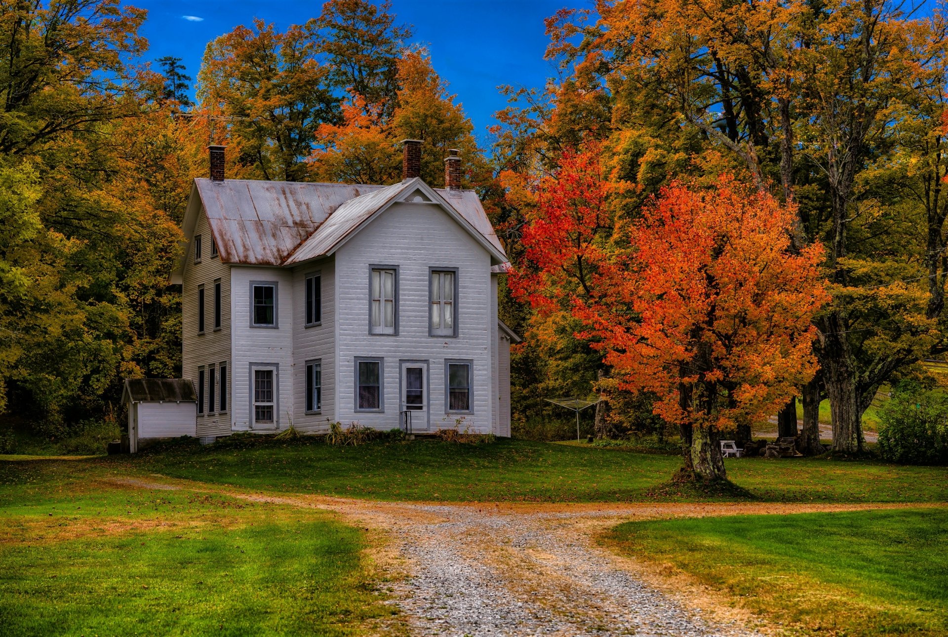 Cozy Fall House Amid Vibrant Trees – HD Autumn Wallpaper