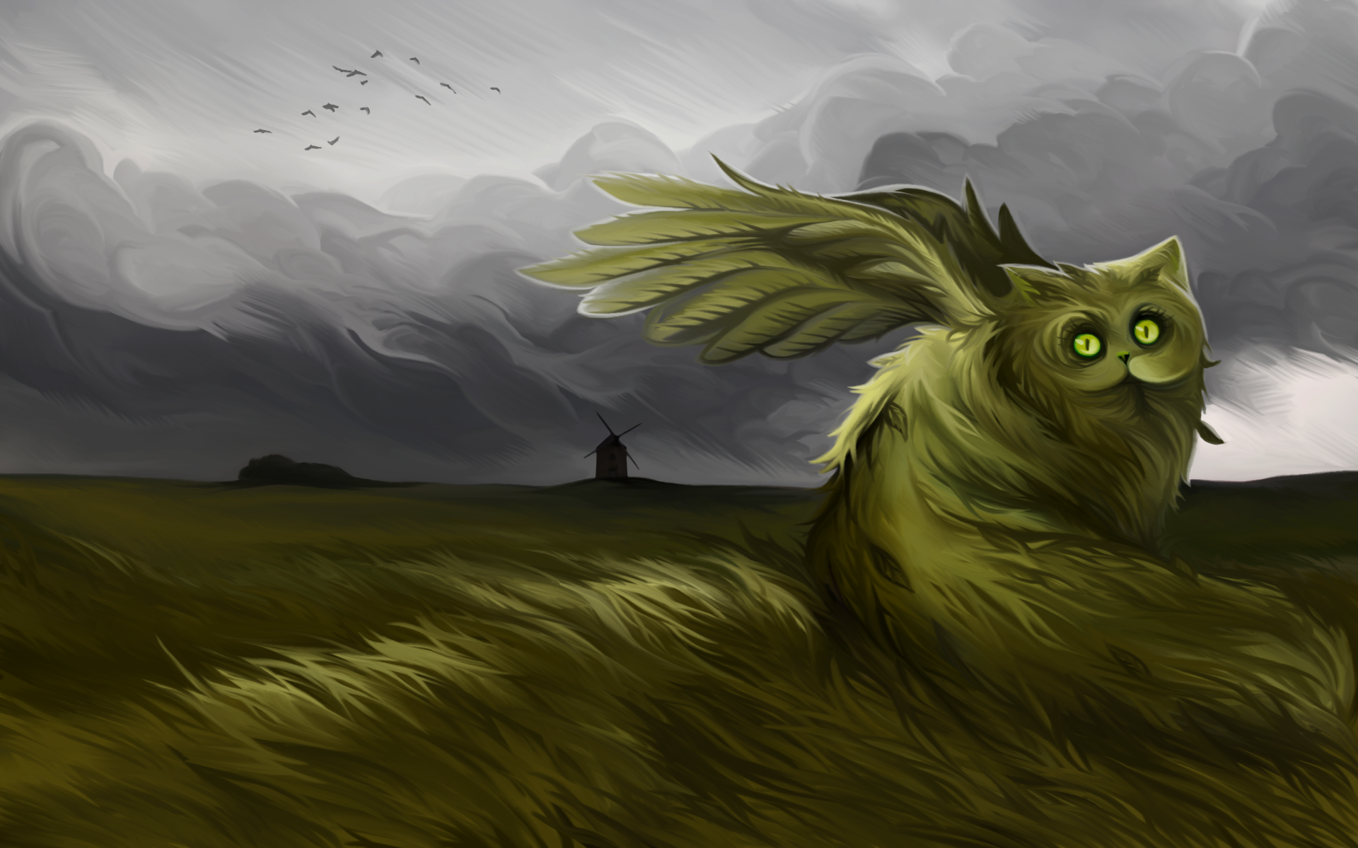 Enchanted Winged Cat Soaring Over Mystical Grasslands HD Wallpaper by ...