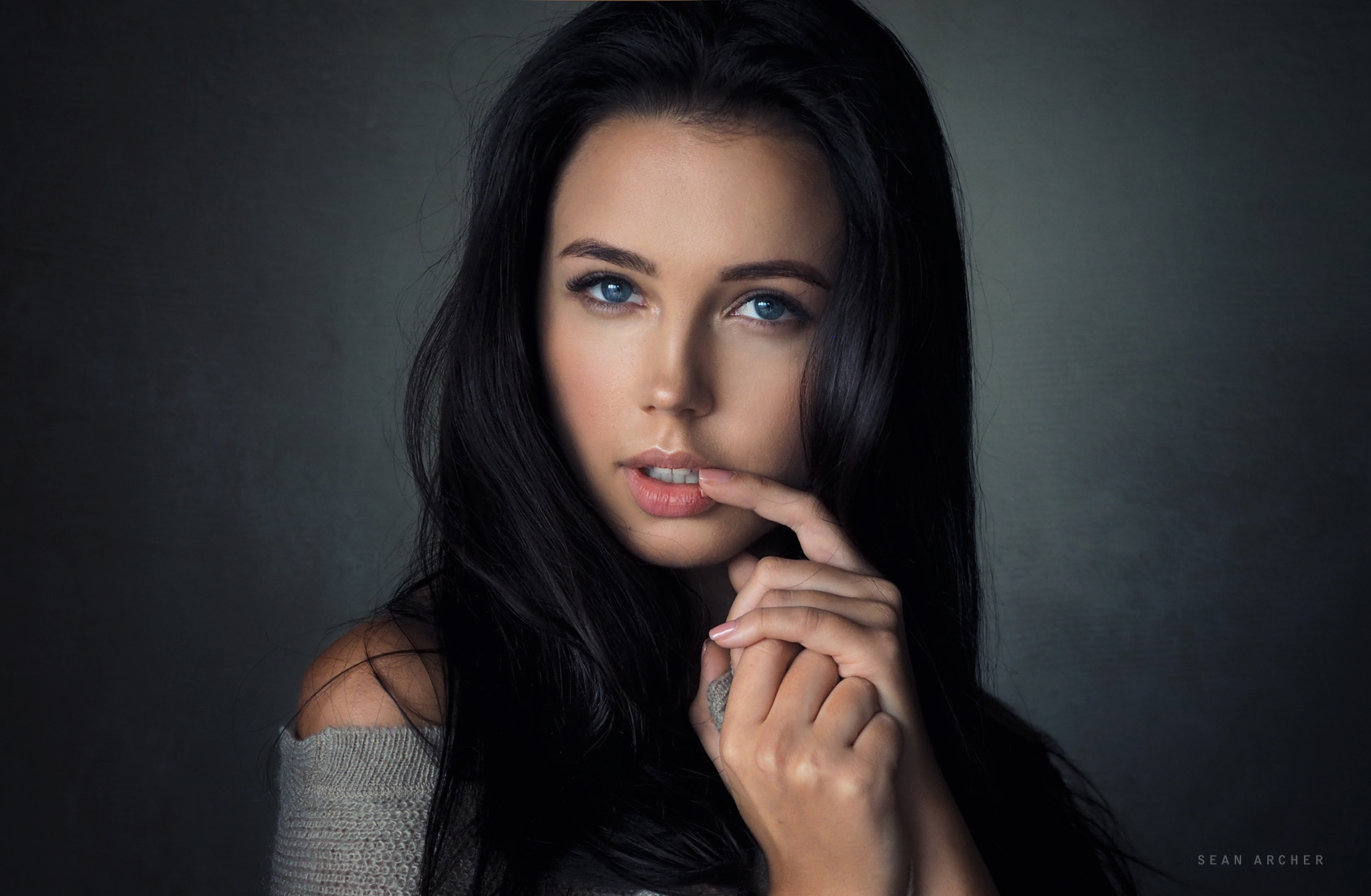 Download Face Blue Eyes Black Hair Woman Model Wallpaper by Sean Archer