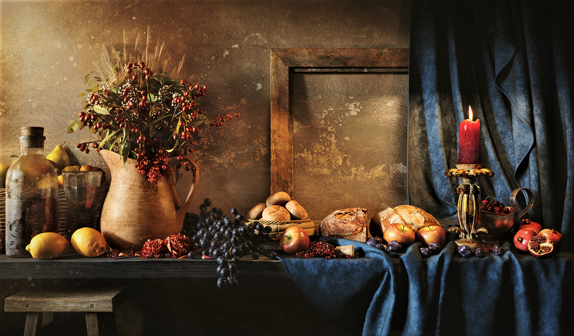 Artistic Still Life: HD Wallpaper of Grapes, Bread, and Elegance