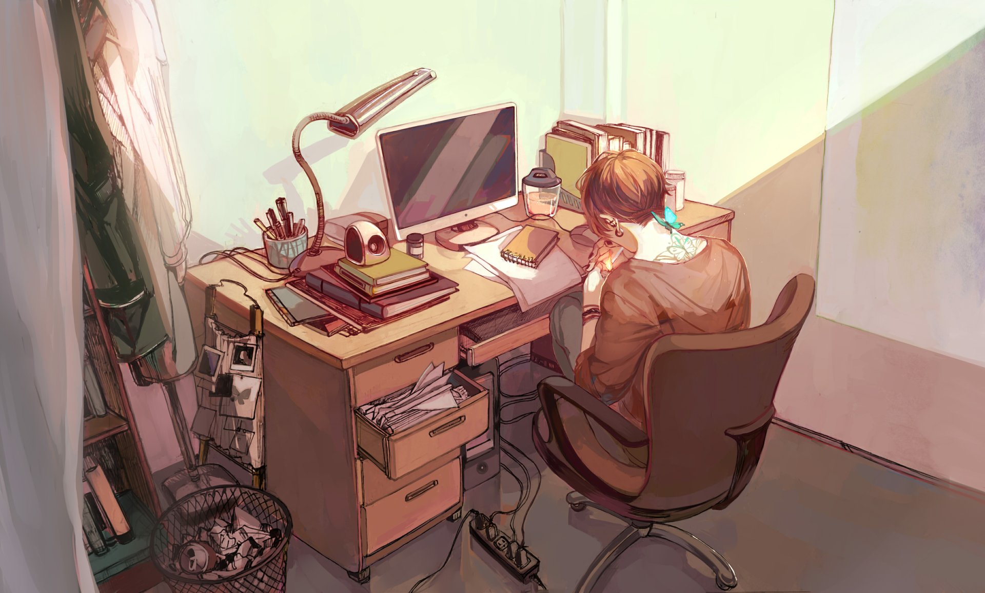 Cozy Anime Bedroom Workspace – HD Original Computer Desk Vibes by Taro-k
