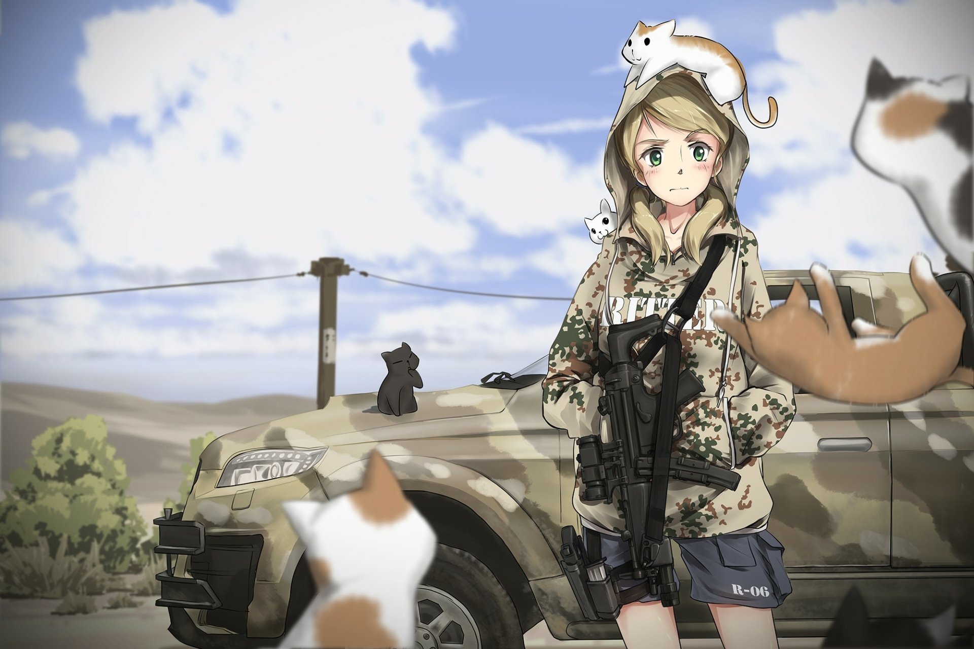 Anime Cat Guardian with Green Eyes and Military Ride - HD Wallpaper by 炭涂