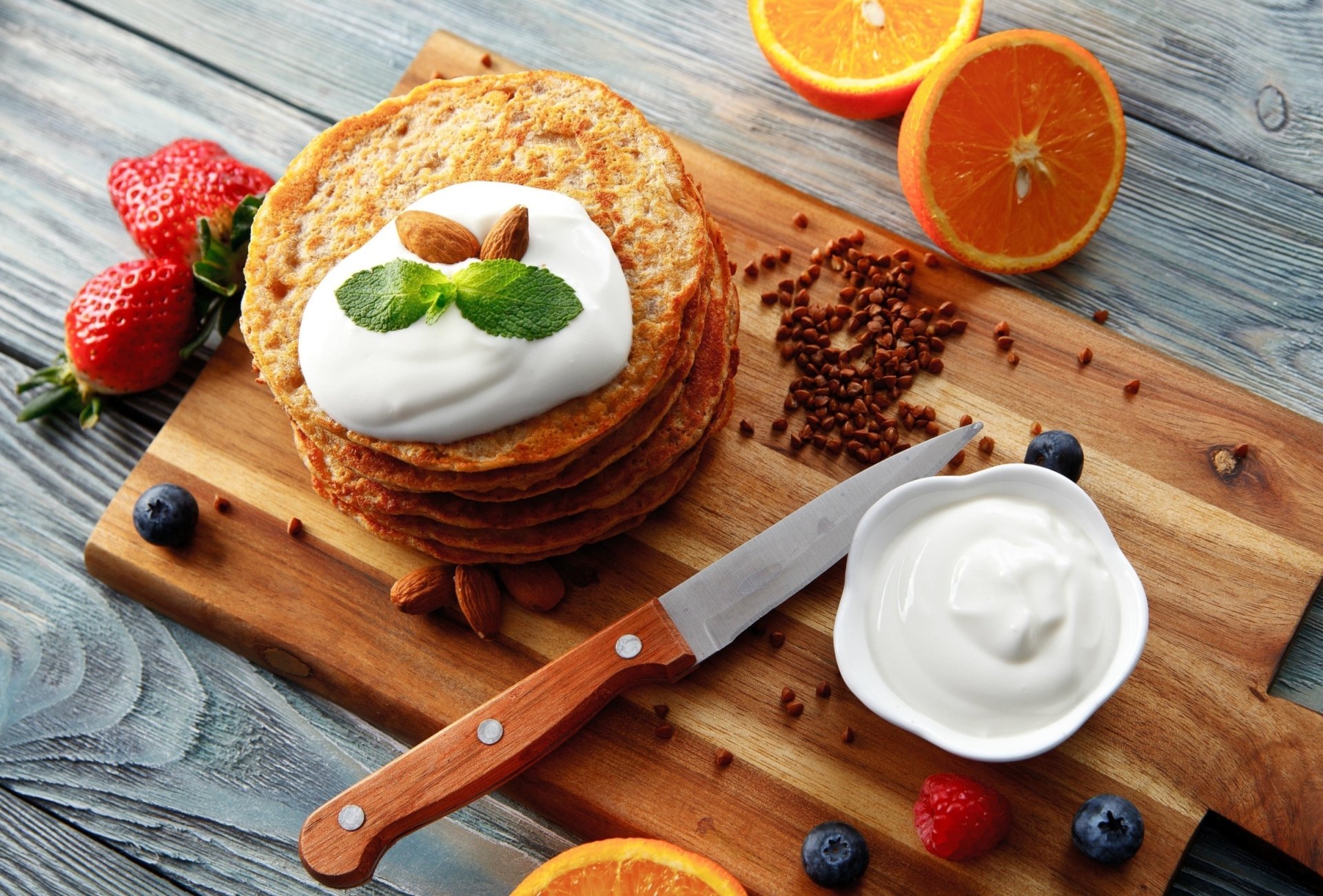 Fruit-Topped Pancake Stack — HD Still-Life Breakfast Wallpaper