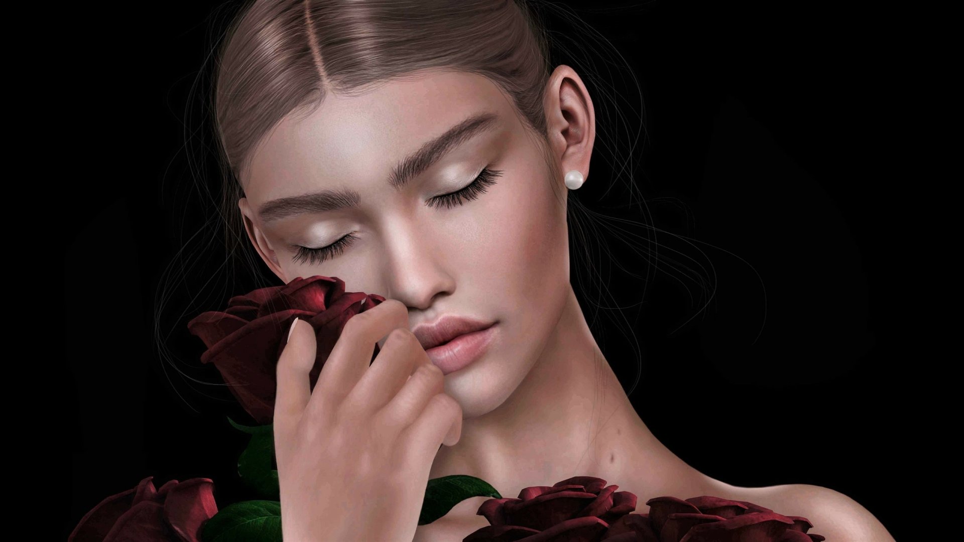 Download Face Red Rose Rose Fantasy Woman HD Wallpaper | 2560x1440 ...