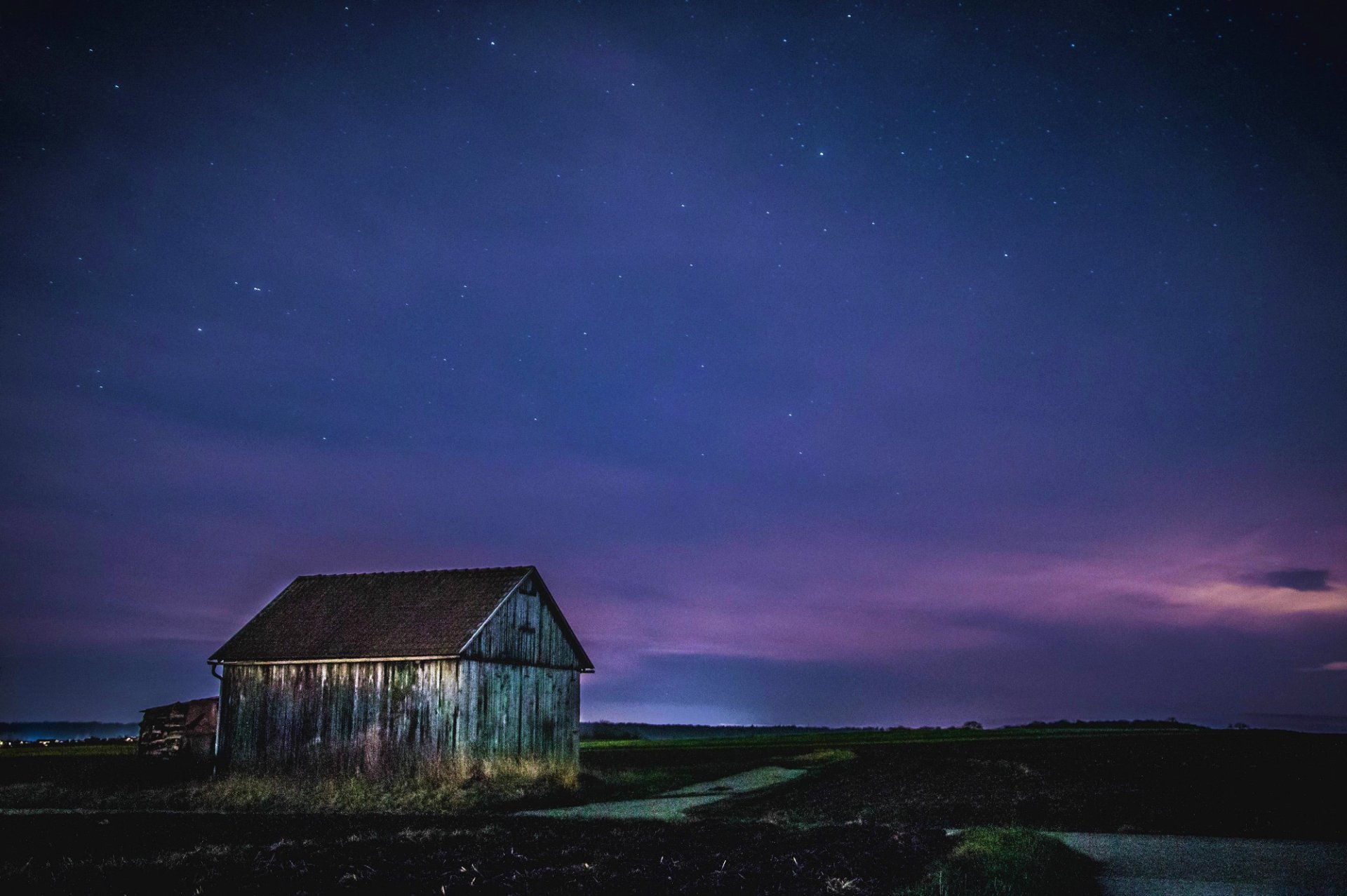 Download Field Night Sky Earth Man Made Shed HD Wallpaper