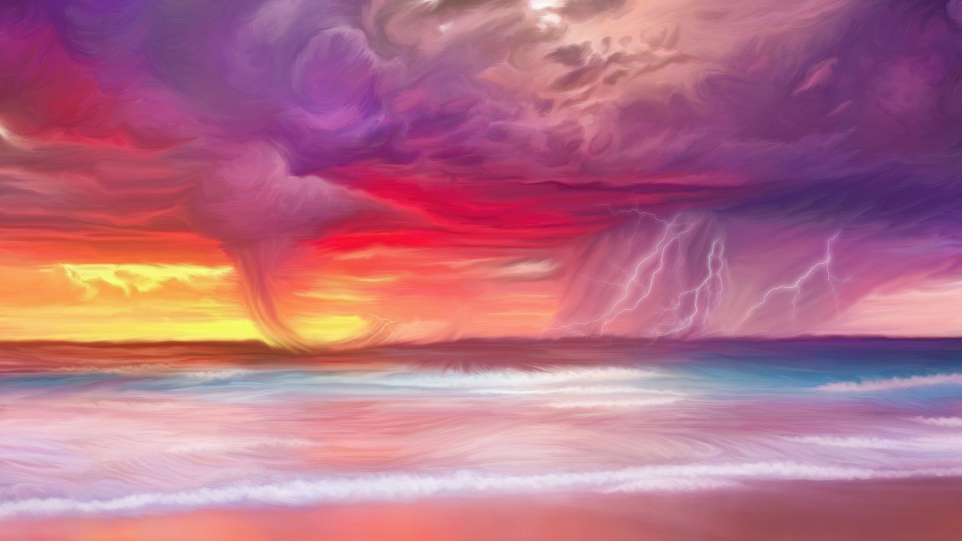 Download Sea Ocean Lightning Storm Sunset Artistic Painting 4k Ultra HD ...