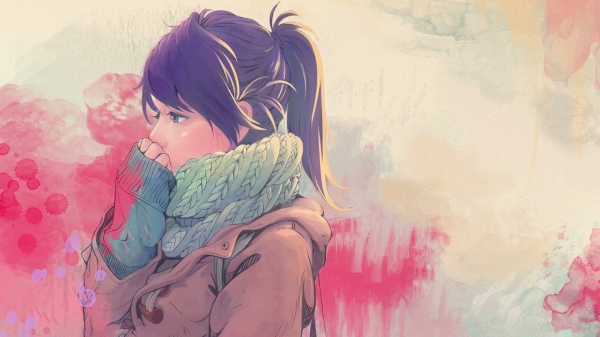 Winter Glow: Anime Girl with Purple Hair and Green Eyes in Cozy Scarf HD