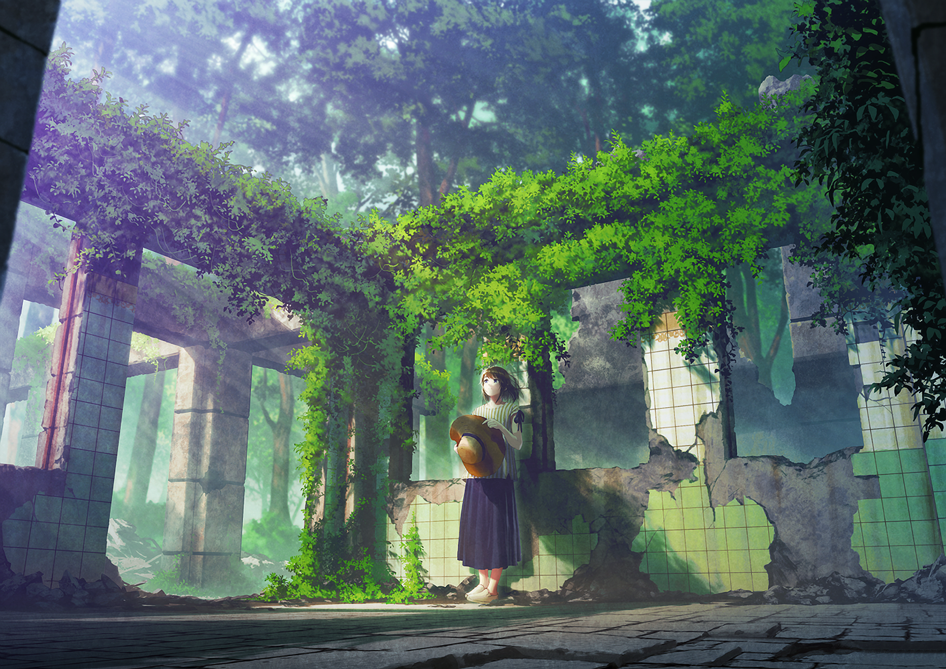 Sunlit Ruins: Original Anime HD Wallpaper of Nature's Reclaim by mocha