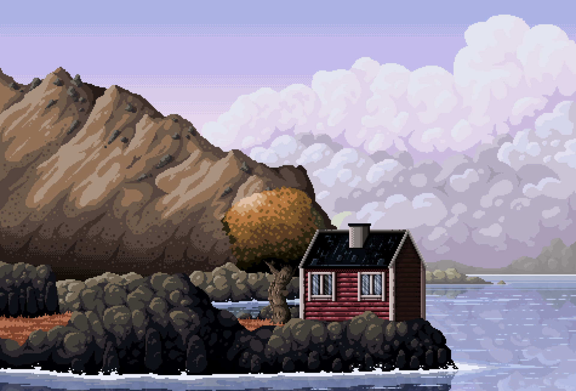 Serene Lakeside House - Pixel Art HD Wallpaper