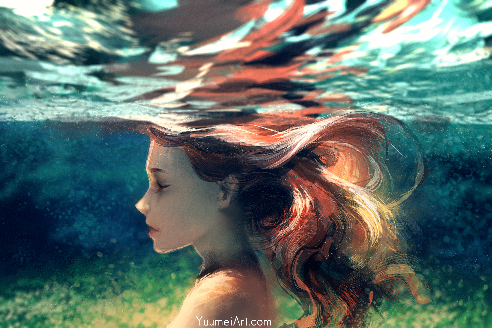 Download Long Hair Red Hair Underwater Anime Original HD Wallpaper by ...