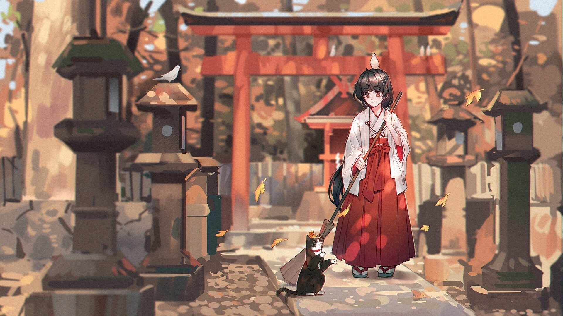 Shrine Maiden with Cat - HD Anime Wallpaper