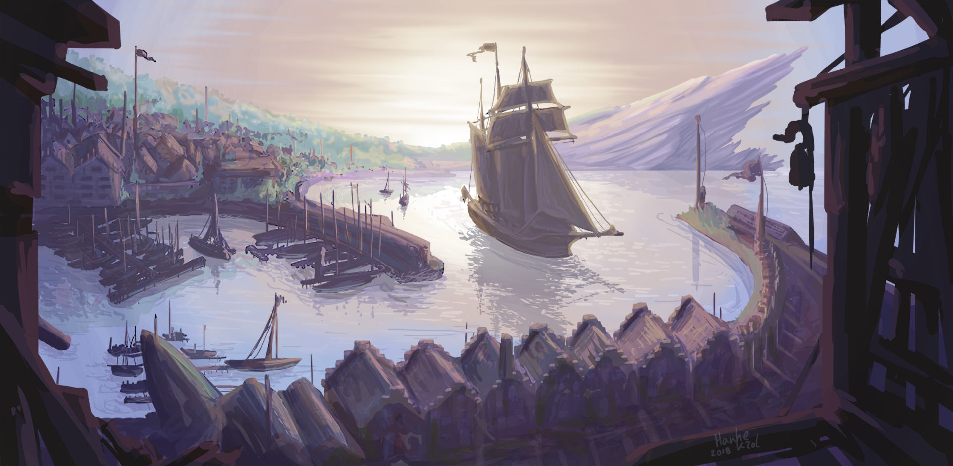 Download Harbor Town Fantasy Ship HD Wallpaper by Aquaria-Moon