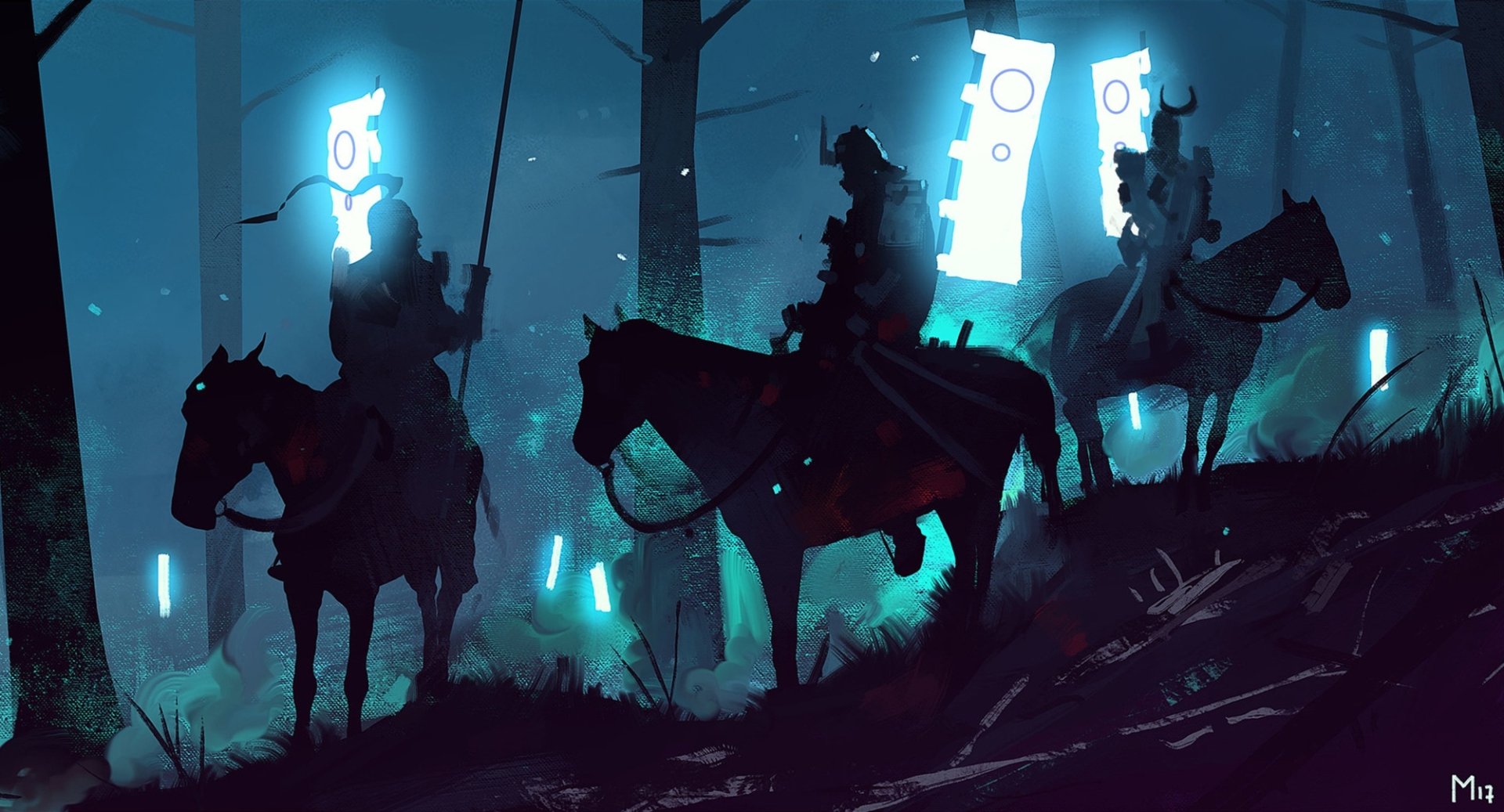 Samurai Warriors on Horseback: Nightfall Banner HD Fantasy Wallpaper